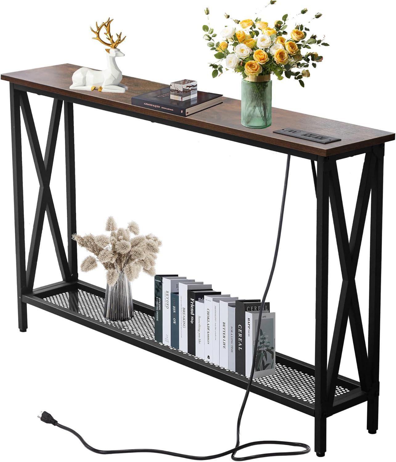 Gracie Oaks 47 Inch Rustic Brown Console Table With USB Ports, Outlets ...