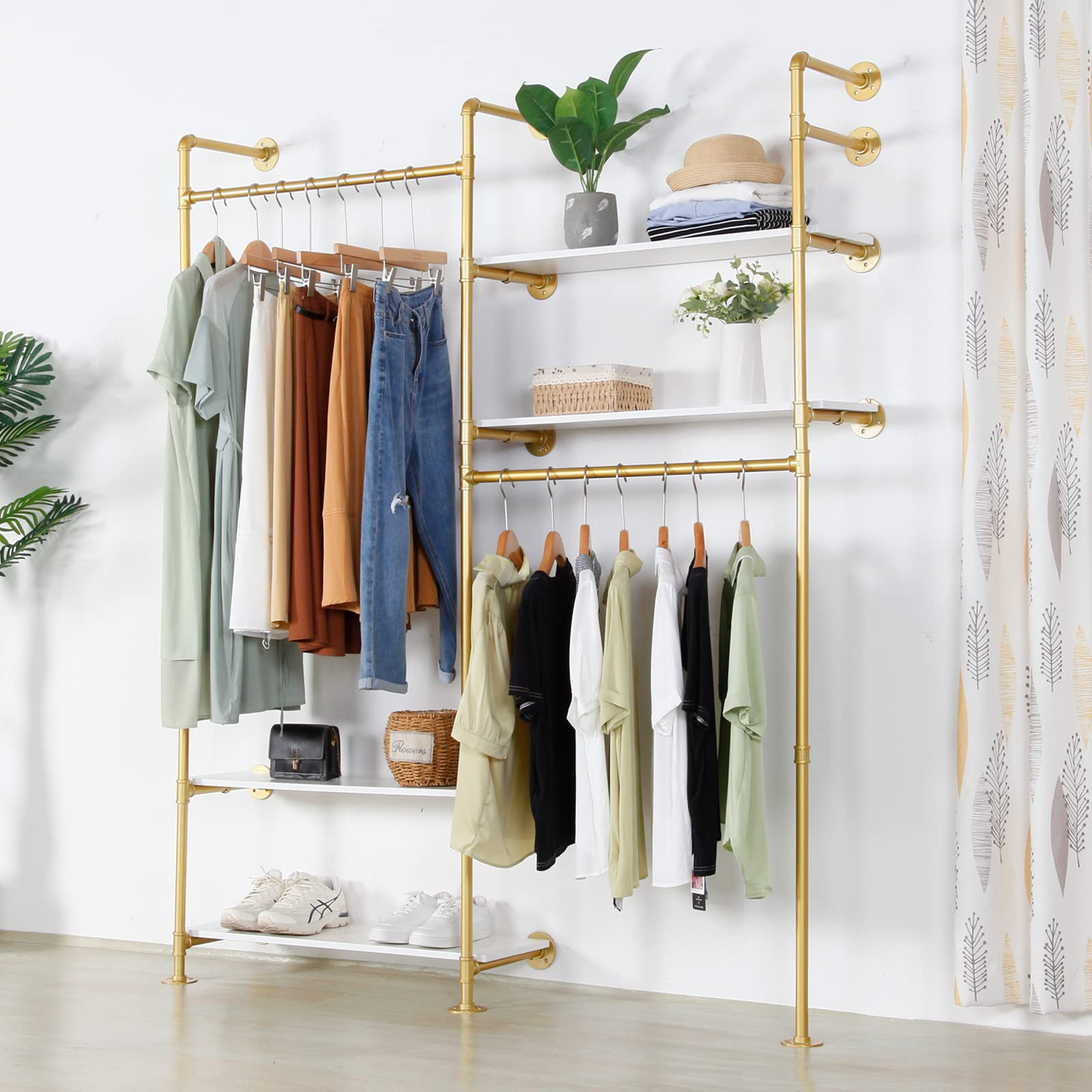 Wendes Kem Industrial Pipe Double Hanging Rods Clothing Rack, Gold ...