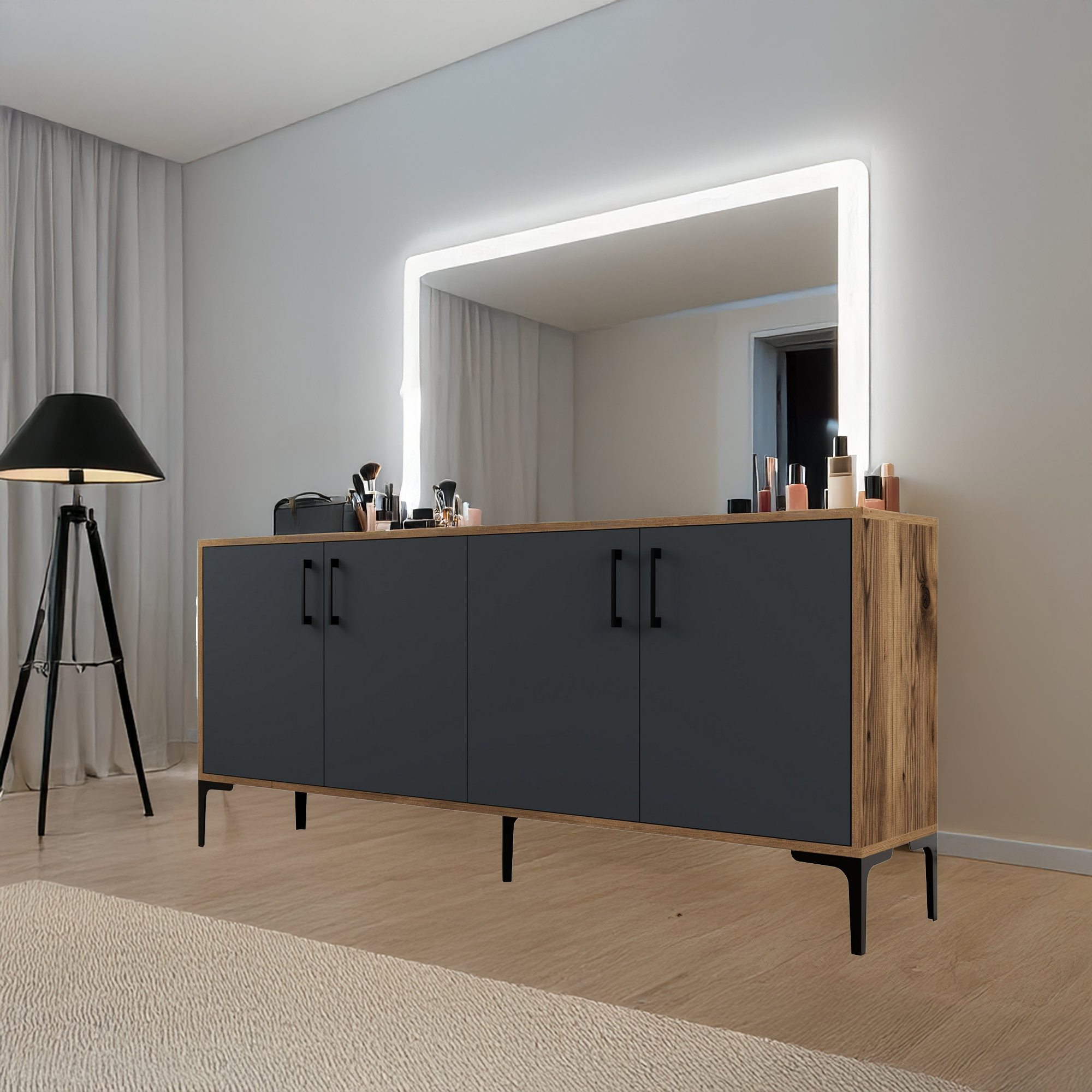 Orren Ellis 70.9'' Wide Rectangle 4 Cabinets Metal Frame Console Table ...