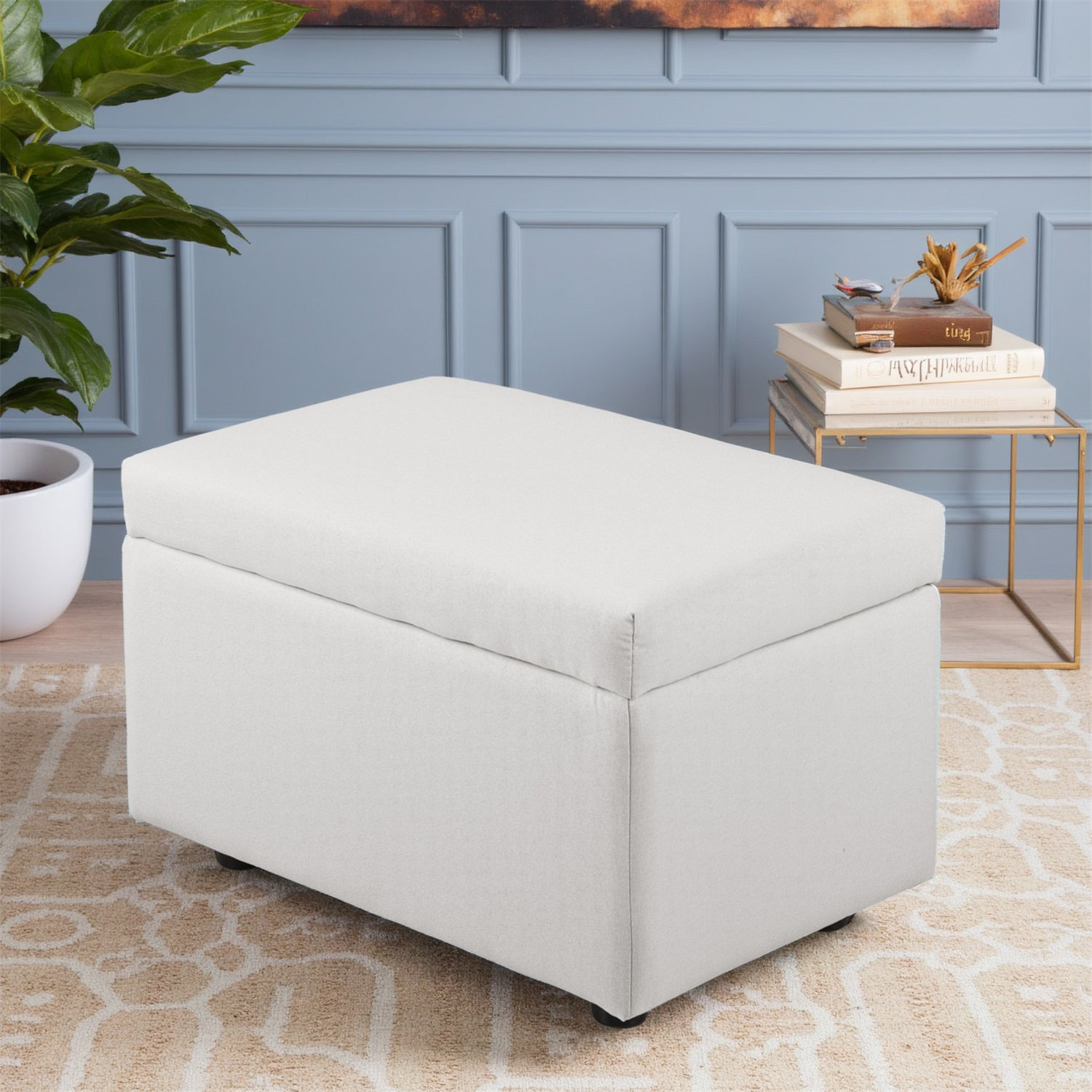 Ebern Designs Large Square Storage Ottoman With Cover Lid, Linen Fabric ...