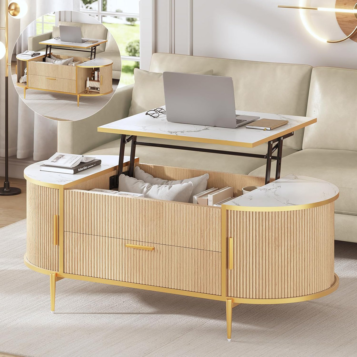 Sedeta Modern Luxury Fluted Lift Top Coffee Table, Oval Coffee Table ...