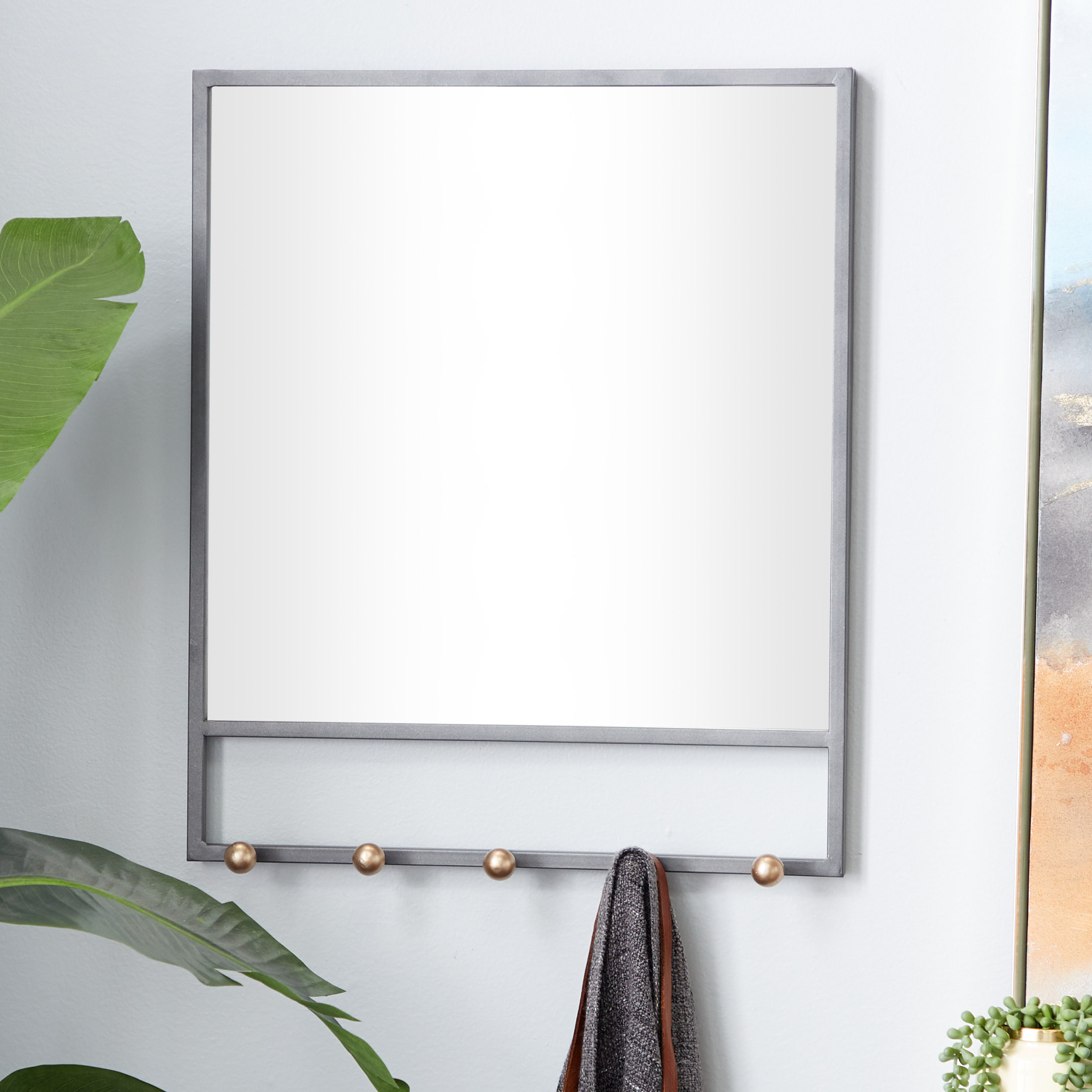 Novogratz Square Black Metal Mirror With Hooks 20"W X 24"H | Wayfair