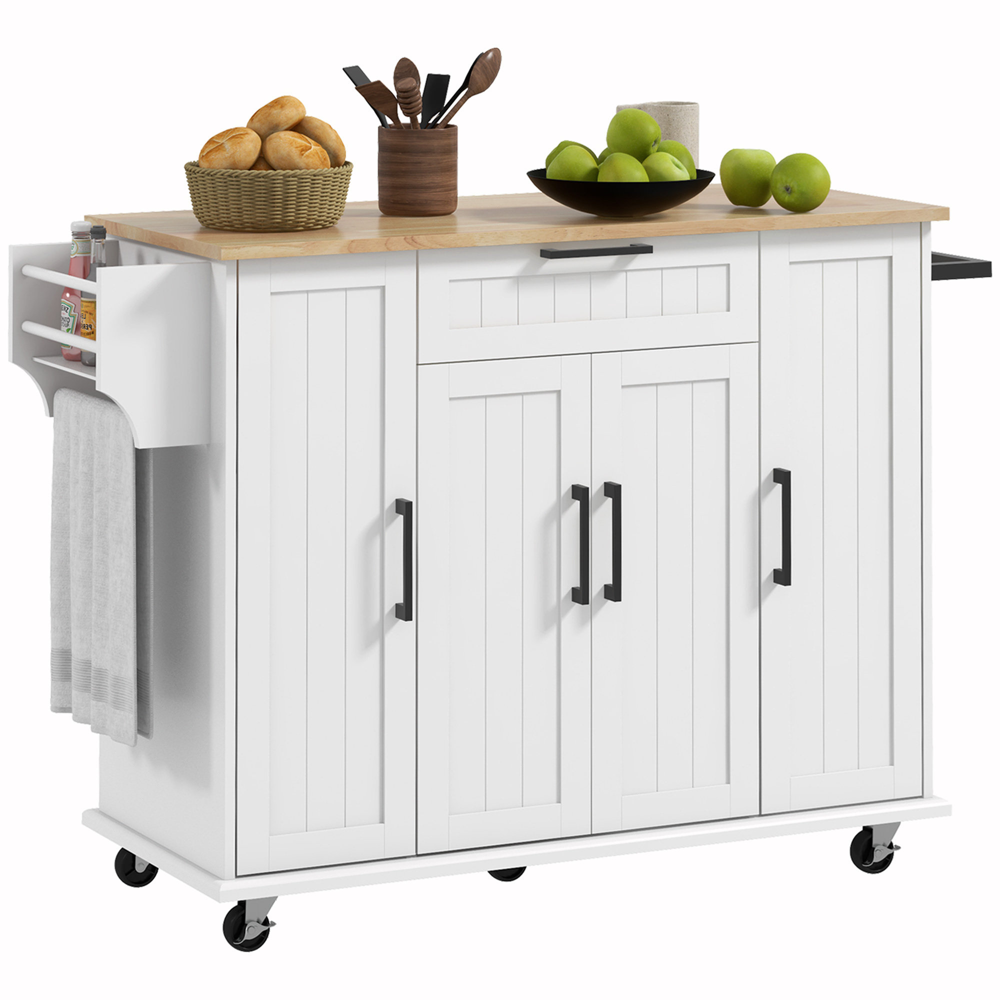 Latitude Run® Kitchen Island On Wheels, Rolling Kitchen Cart With Rubberwood Top, Drawer, Spice ...