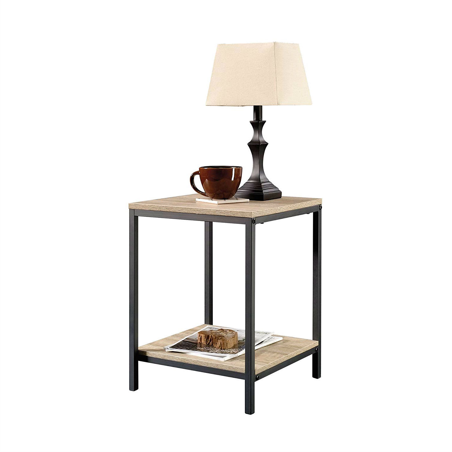 17 Stories Modern Black Metal Frame End Table With Oak Finish Wood Top ...