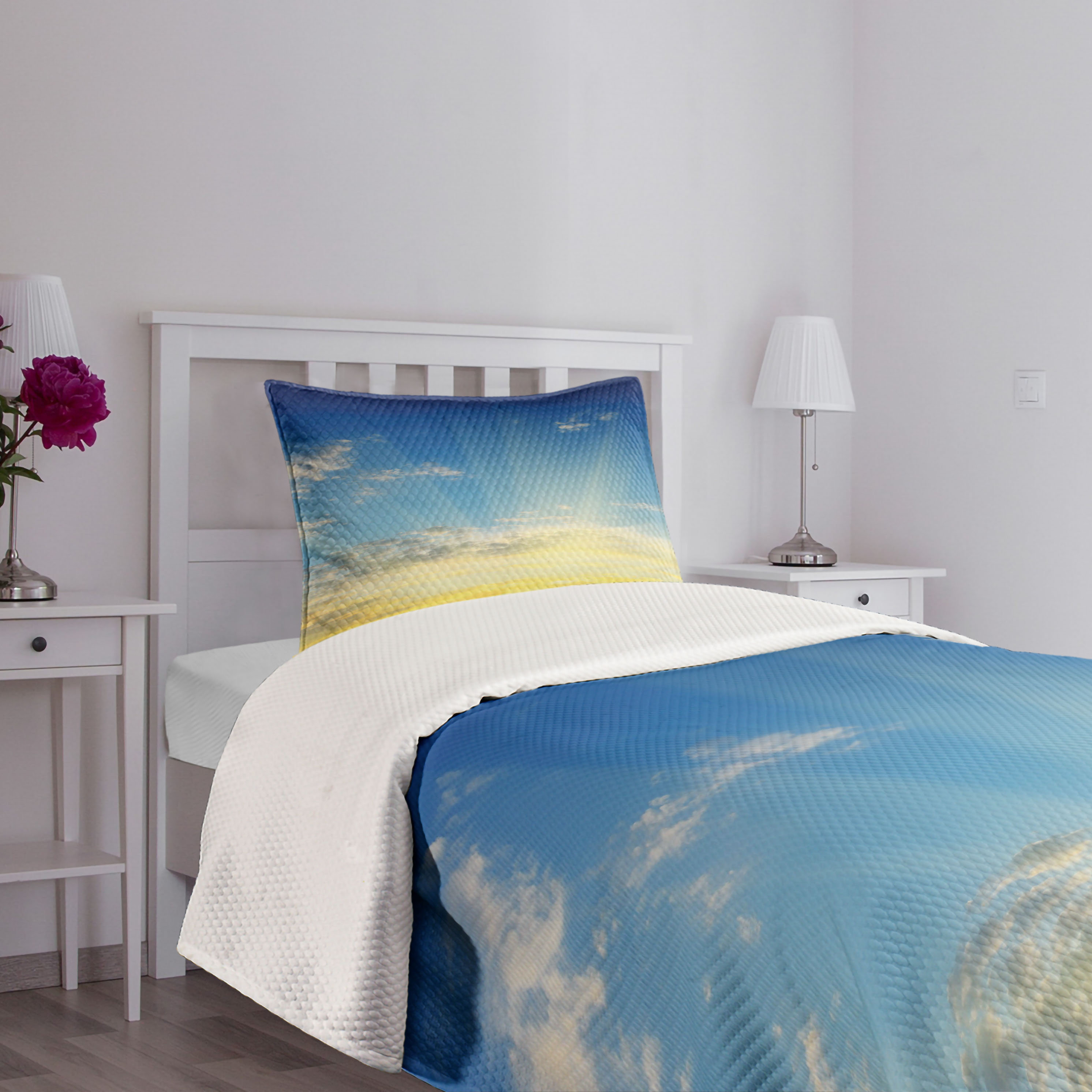 Ambesonne Sky Bedspread Set Sun Rays Above Horizon Blue Yellow | Wayfair