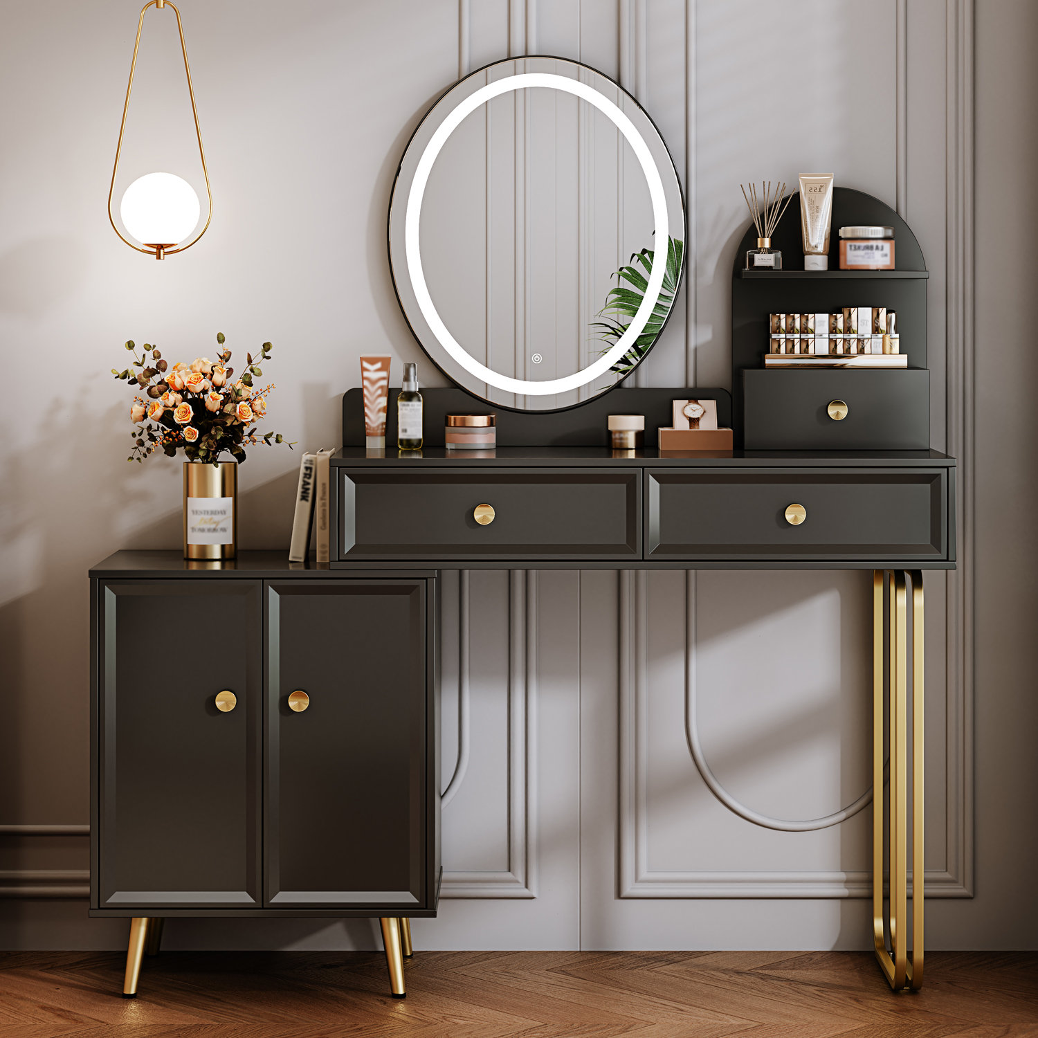 Everly Quinn Evonna Black Modern Vanity Desk, Retractable Makeup Vanity ...