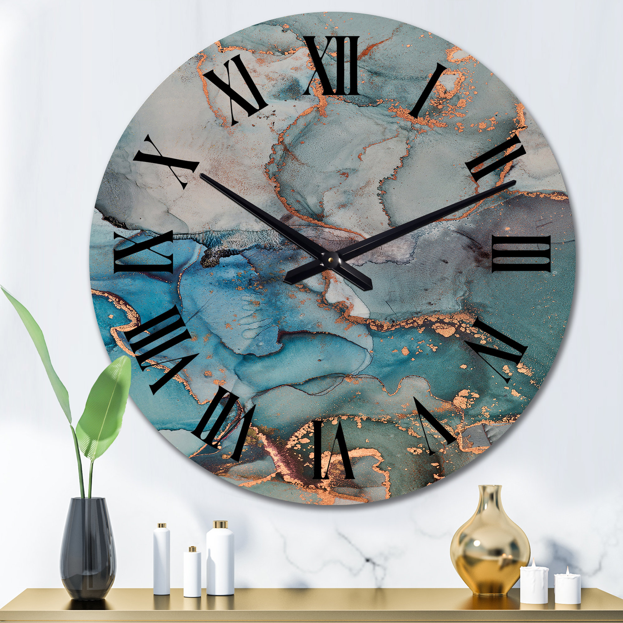 East Urban Home Blue Gold infused Liquid Art II - Modern Wall Clock ...