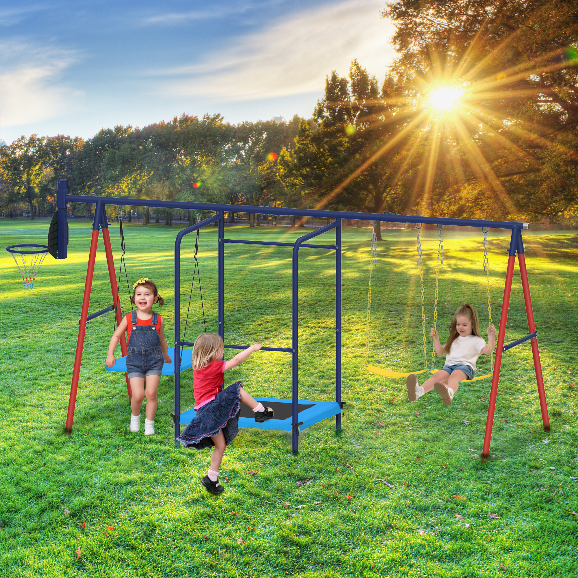 EROMMY 5 In 1 Lifetime Swing Set For Backyard, Heavy Duty Metal Kids ...