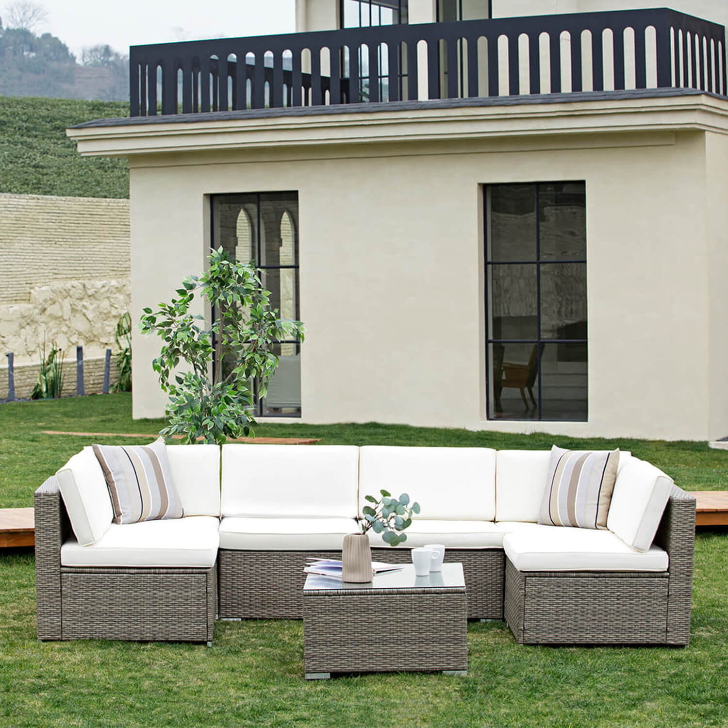 Latitude Run® Raabia 7 Piece Rattan Wicker Seating Group with Cushions ...