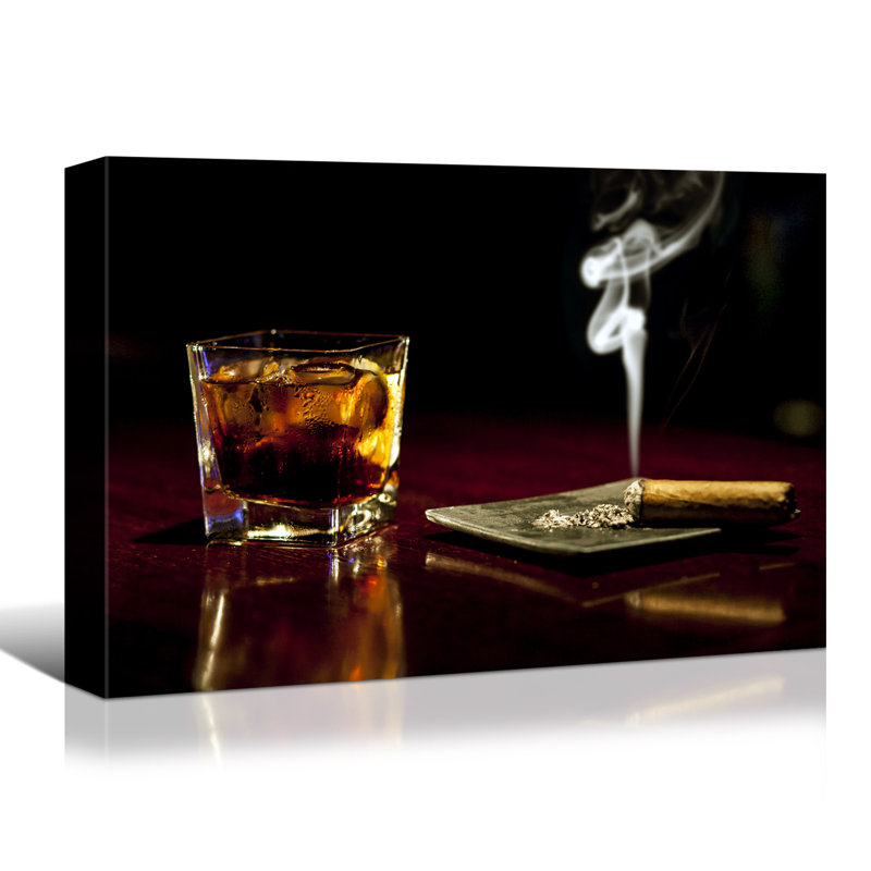 Ebern Designs Mangilal Still Life Whiskey And Cigar On Canvas Painting ...