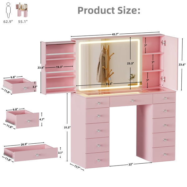 Ivy Bronx 46" Makeup Vanity With Large Led Mirror, Glass Tabletop ...