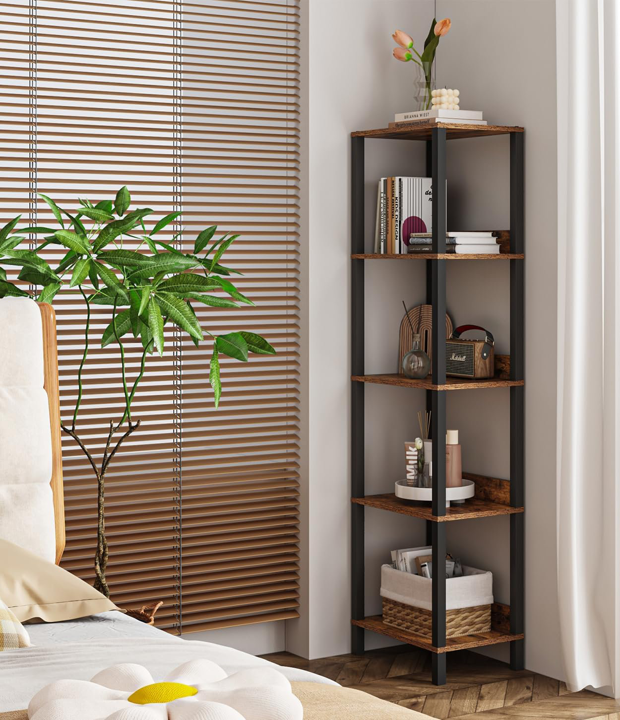 17 Stories 5-Tier Bookshelf With Anti-Fall Baffle, Tall Bookcase For ...