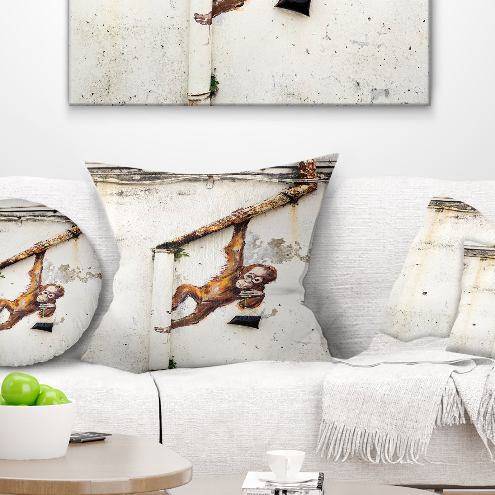 Design Art Baby Orangutan Hanging from Pipe - Street Art Printed Throw ...
