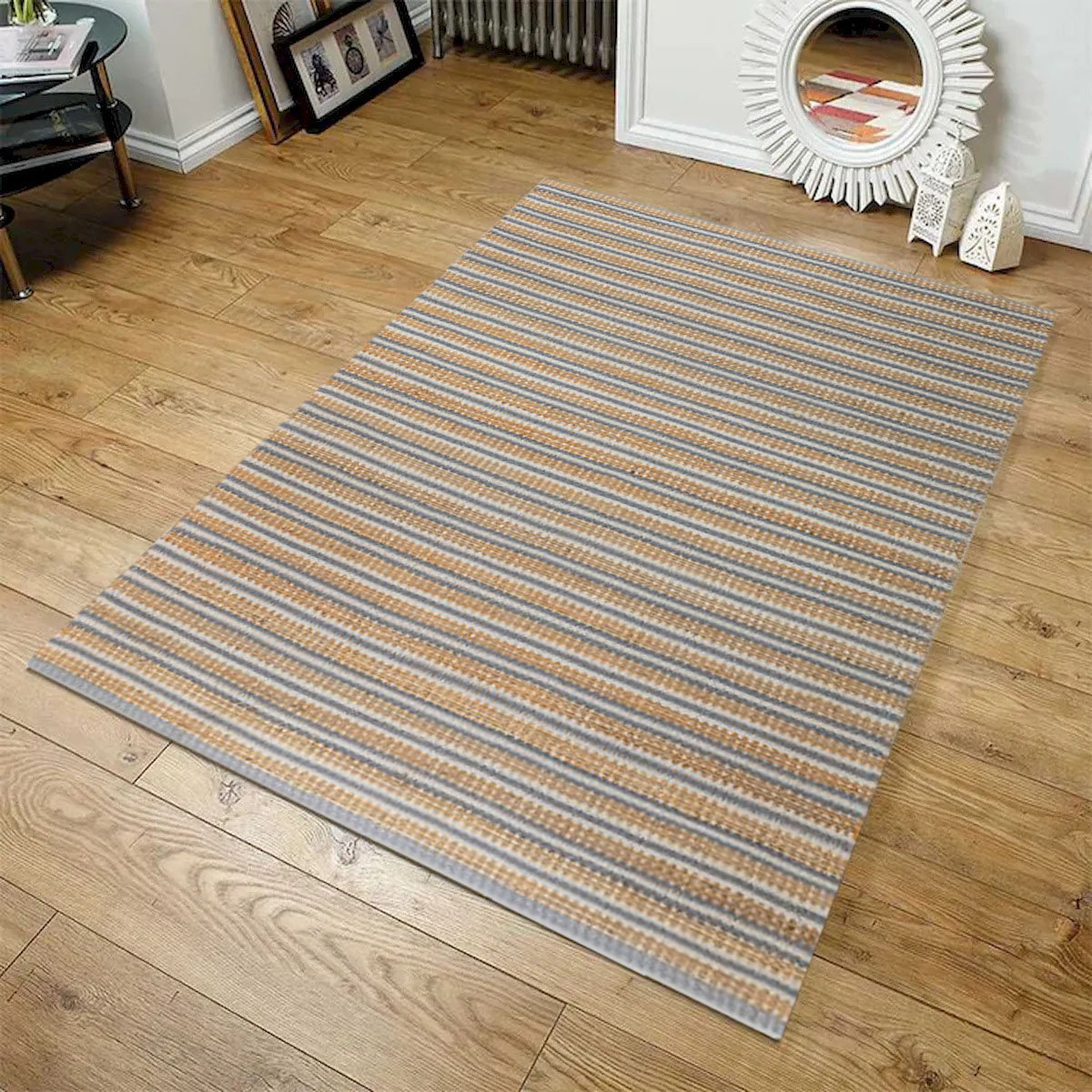 Ebern Designs Riviera Beige And Gray Striped Rug | Wayfair