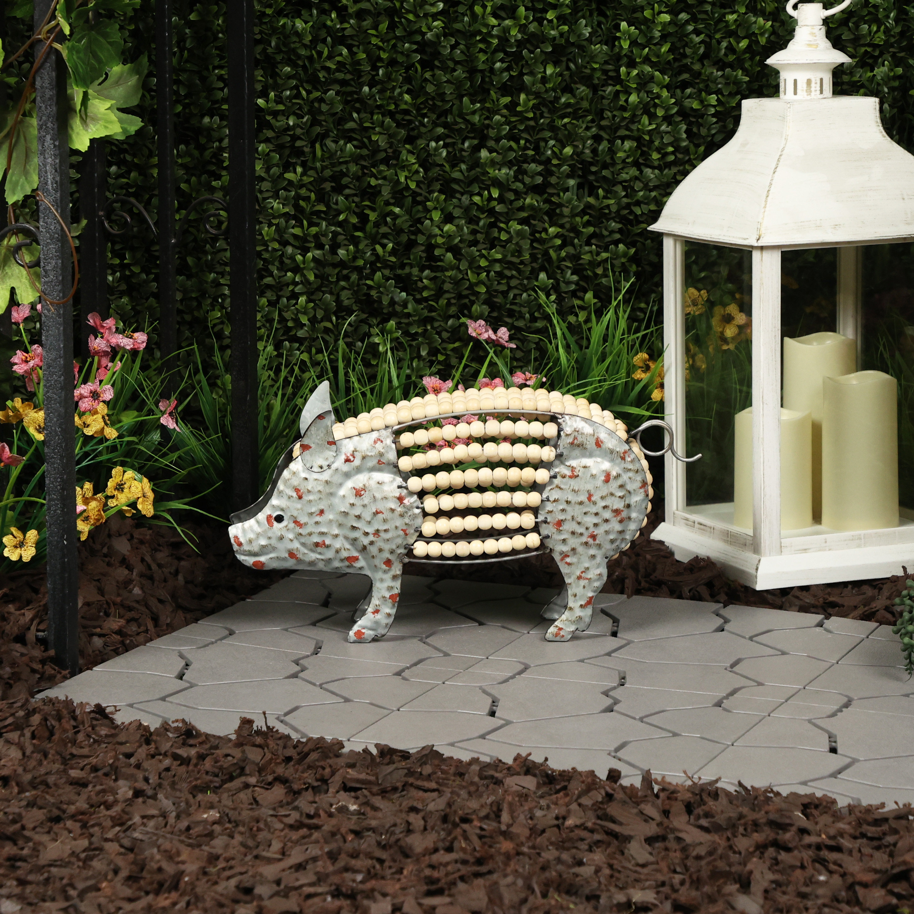 Alpine 9"H Metal Pig w/Hollow Head and Beaded Wood Body Decor | Wayfair