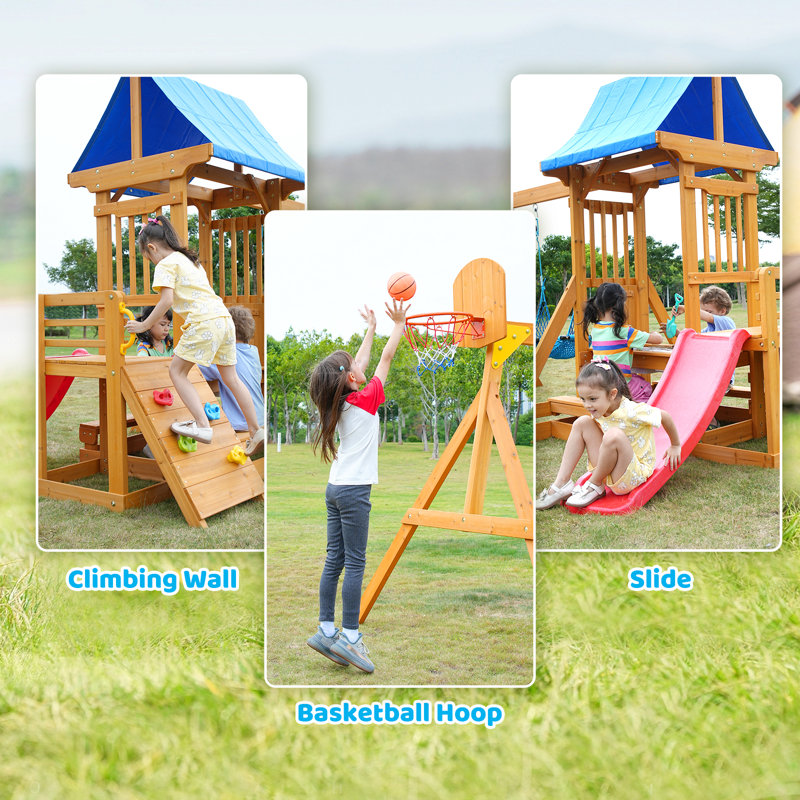 SuniBoxi Kids Swing Set: Wooden Playground, Wave Slide, Climbing Wall ...