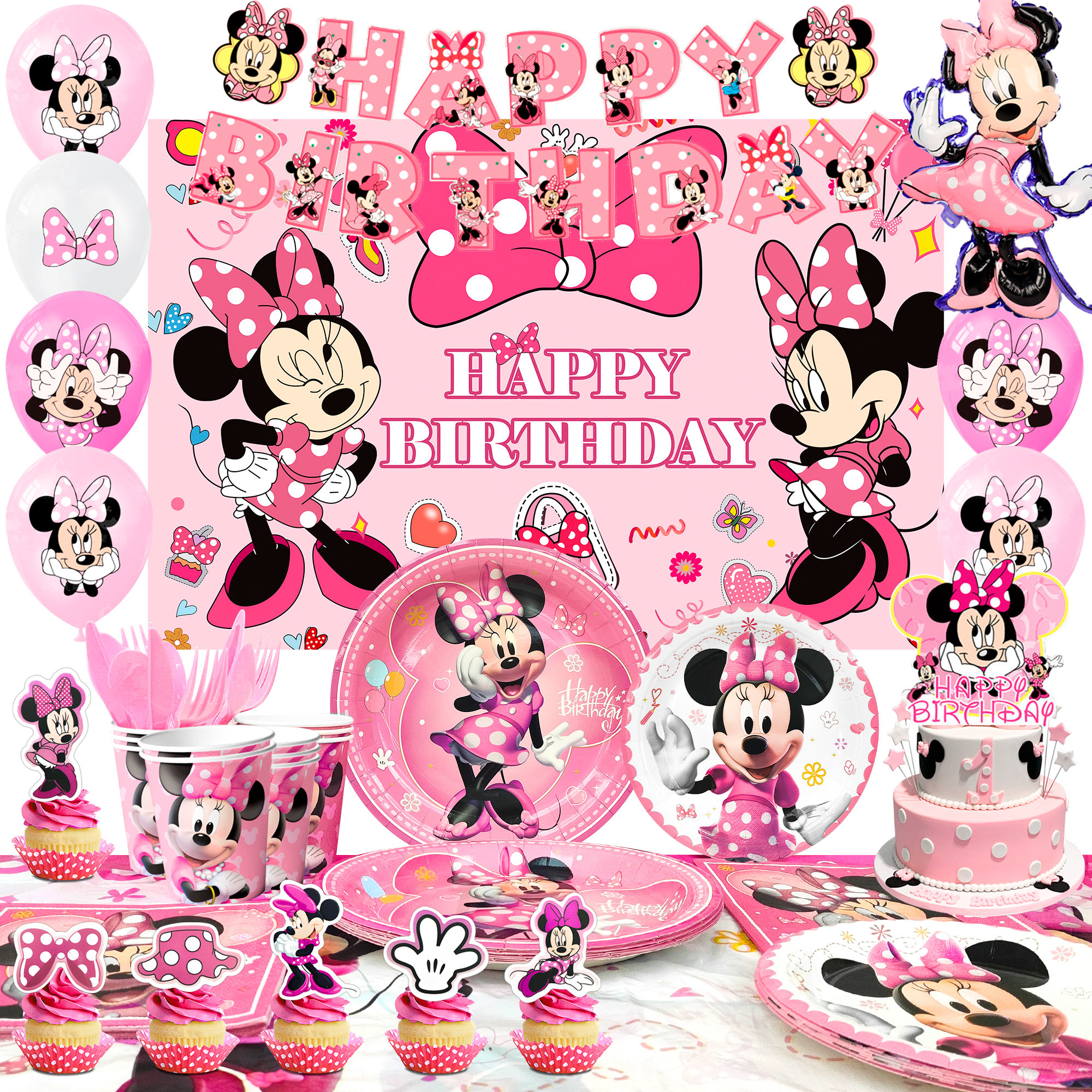 Charlton Home Minnie Mouse Birthday Party Supplies,113pcs Minnie Mouse ...