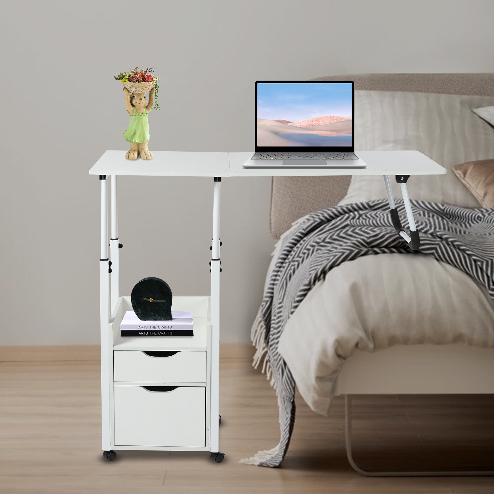 SUNYOU Overbed Table with Wheels-Height Adjustable Over Bed Desk ...