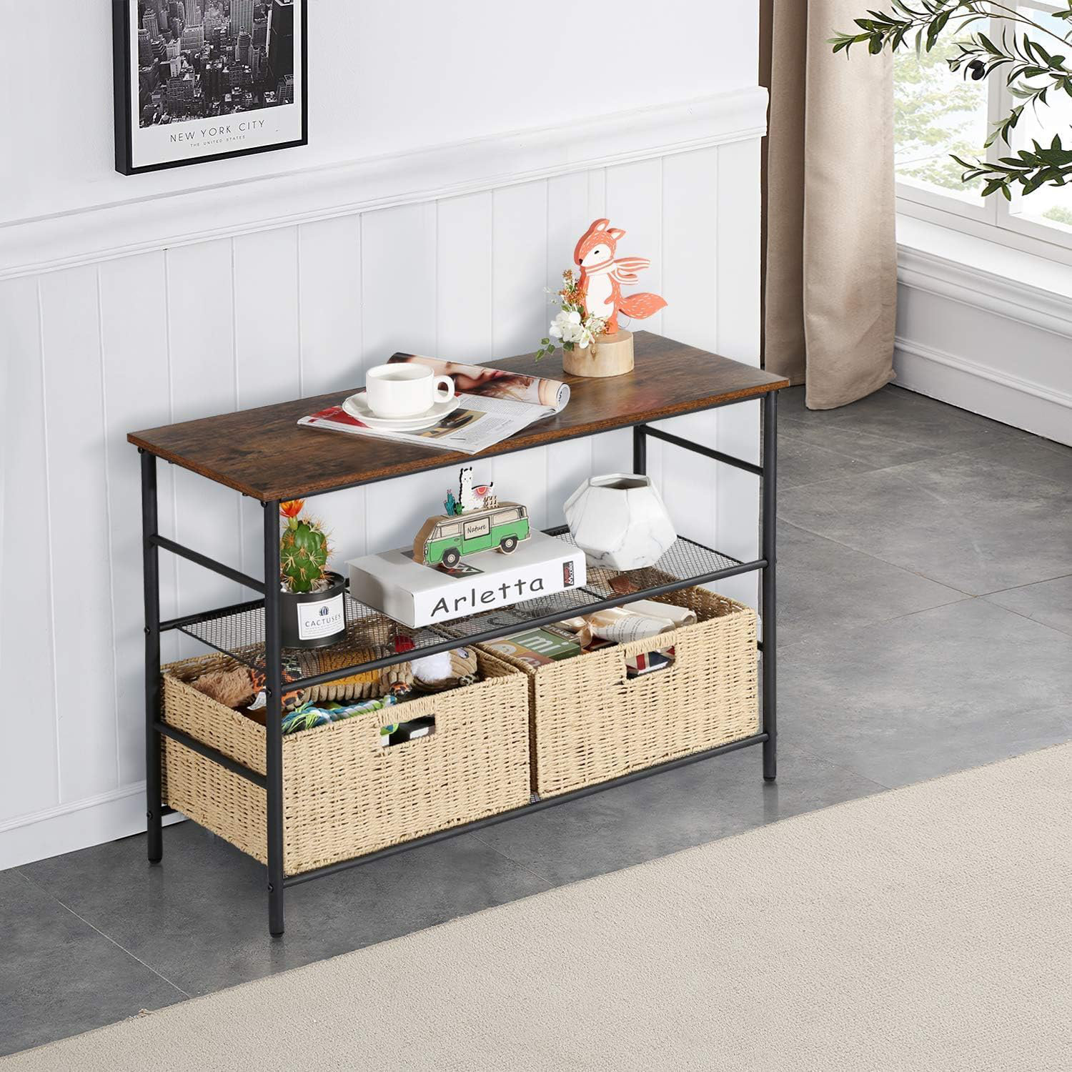 Ebern Designs Rustic Industrial Console Table With Wicker Basket ...