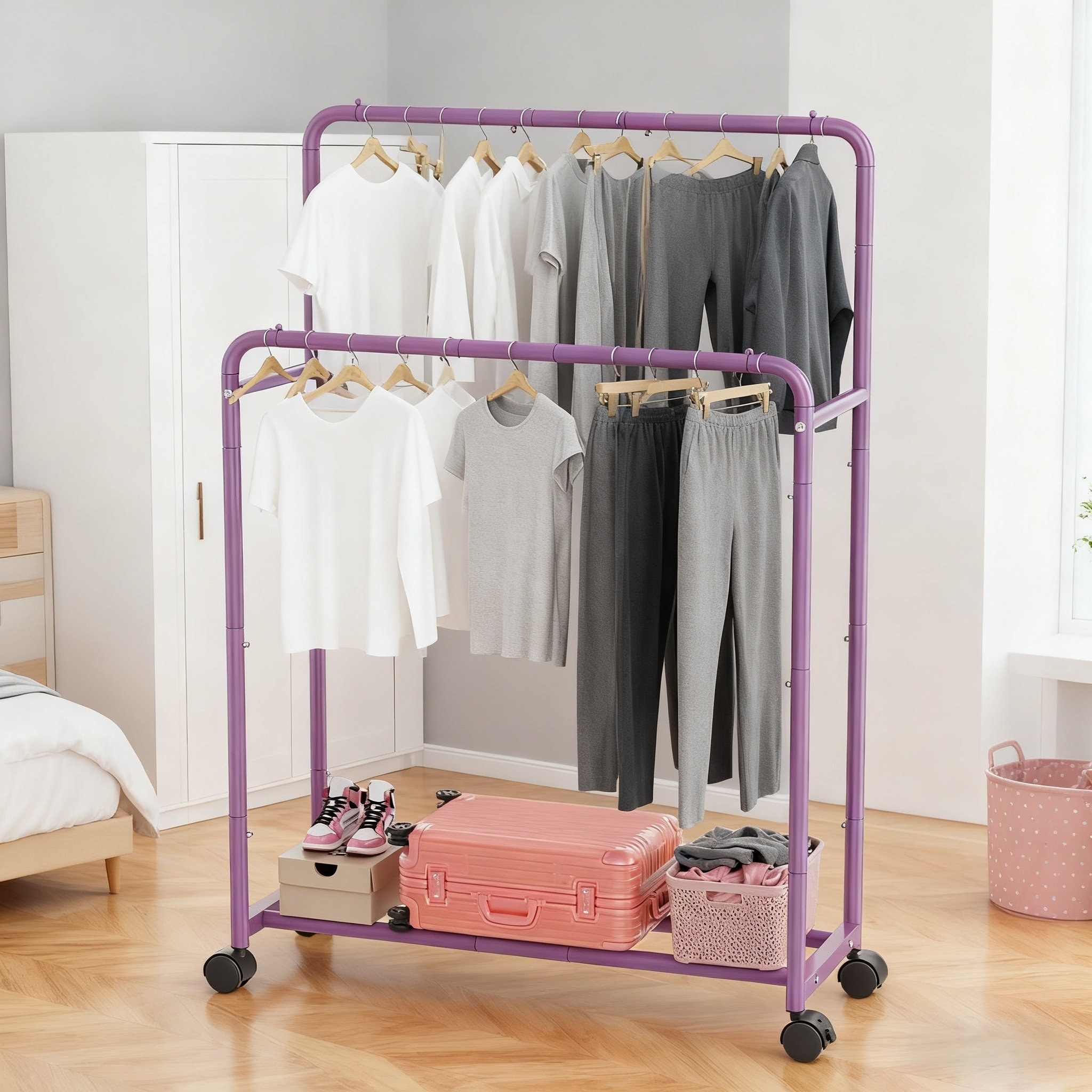 Rebrilliant Gold Rolling Metal Double Rod Garment Rack Wheels Clothing ...
