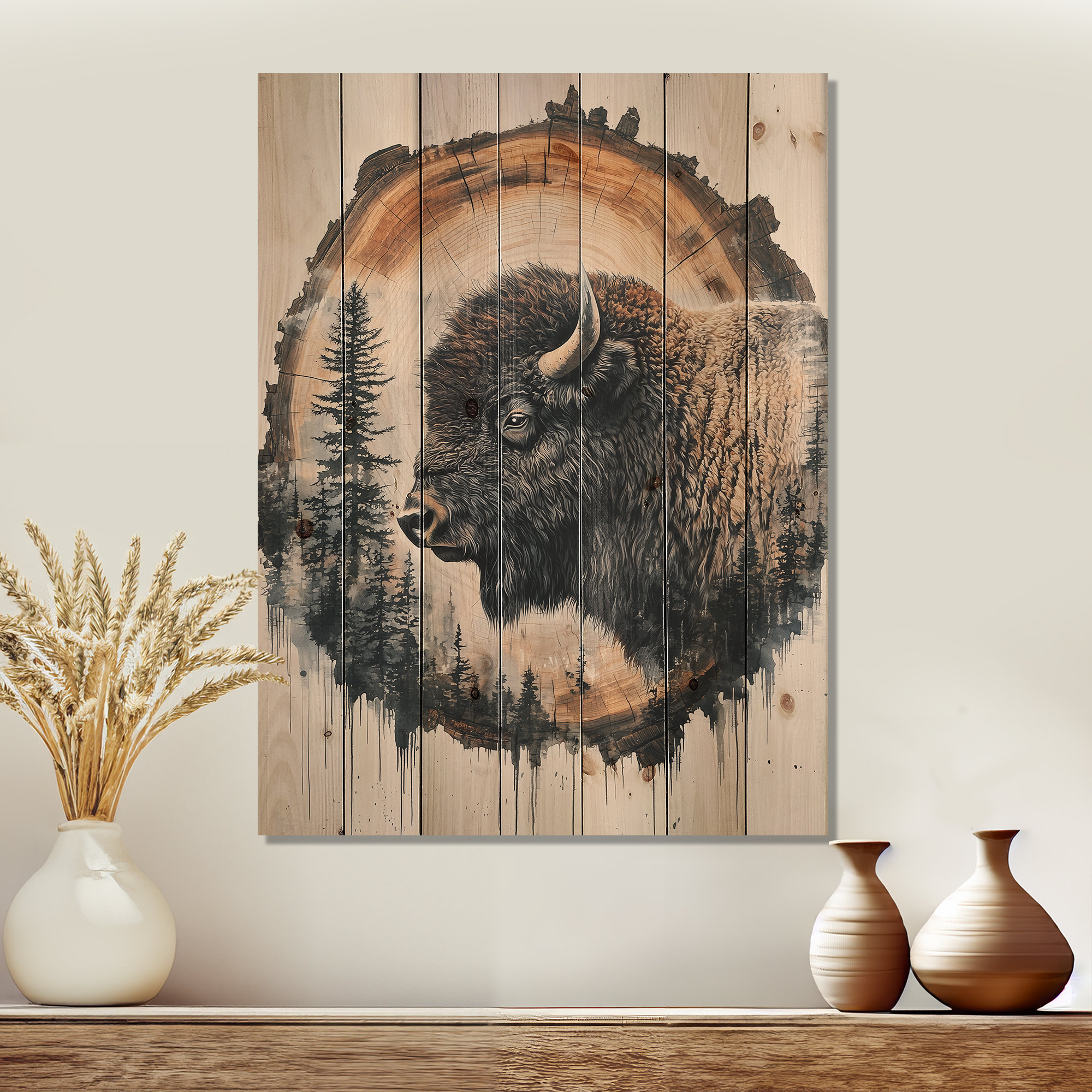 Ophelia & Co. American Bison Head On Wood Slide I - Buffalo Animal Wood ...