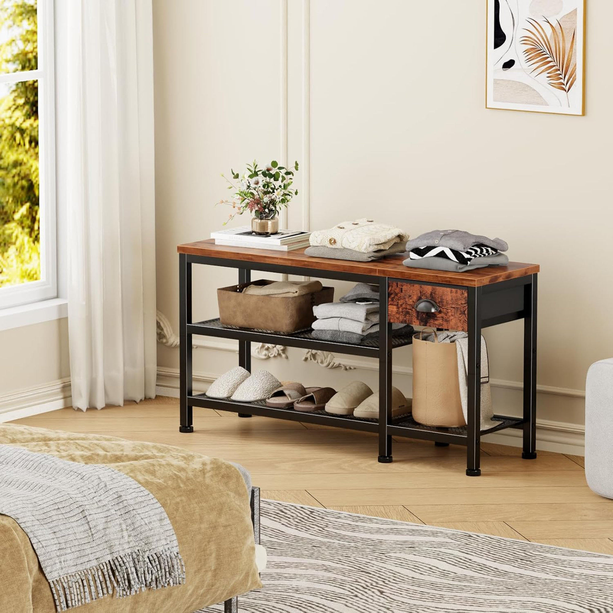 17 Stories 3-Tier Shoe Rack Bench with Storage Drawer | Wayfair