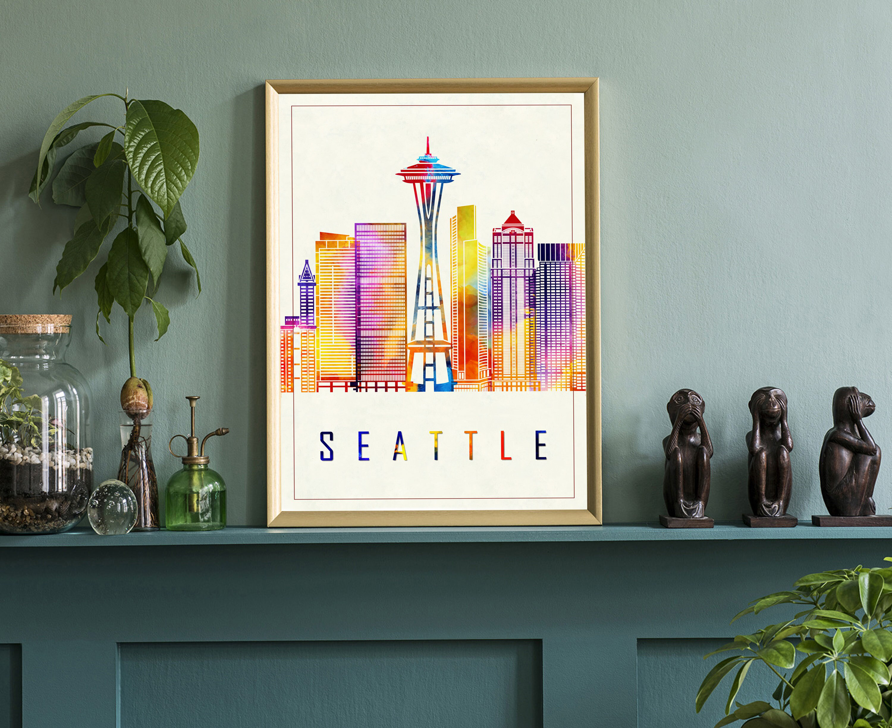 Latitude Run® Seattle Modern Illustration US Cities Poster, Unframed ...