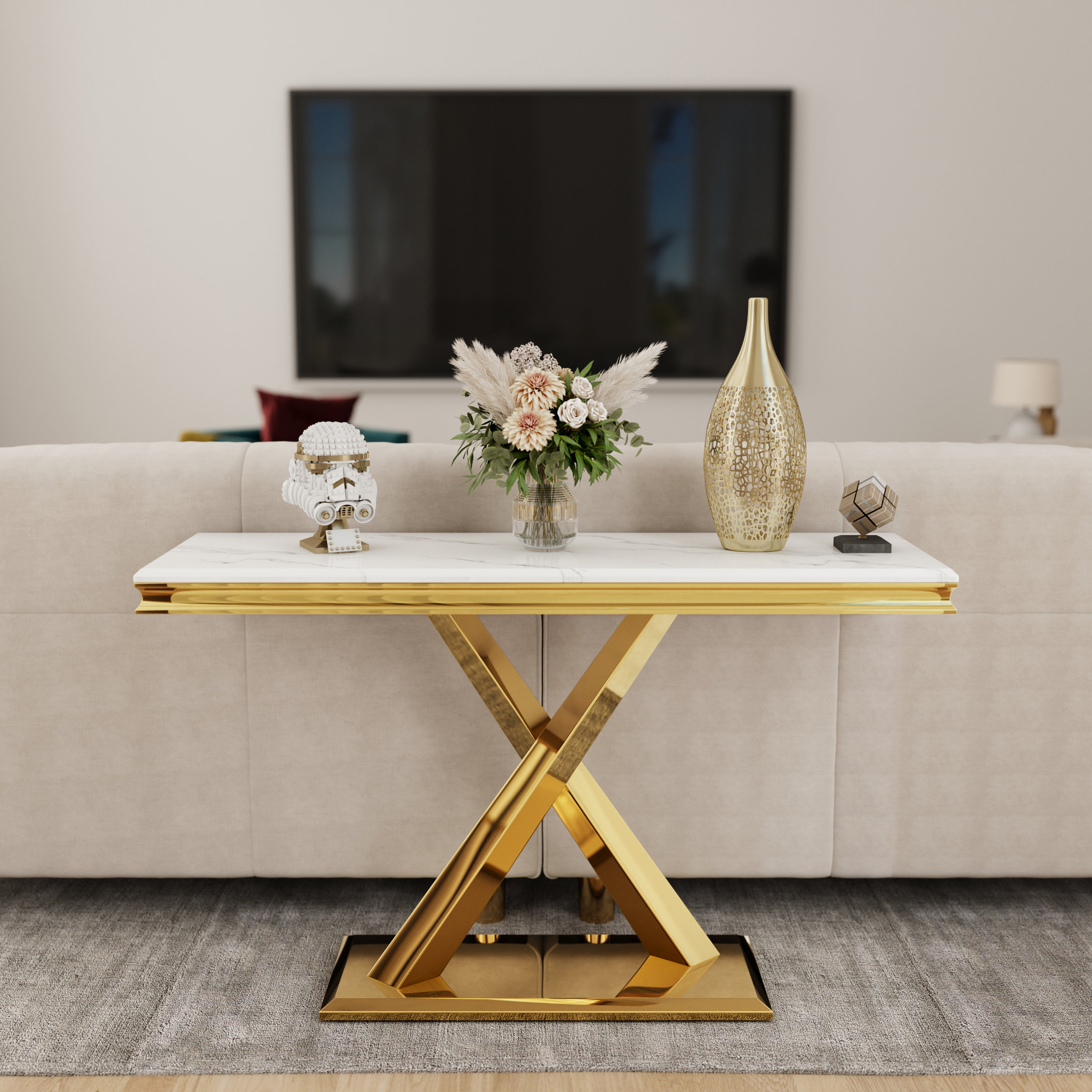 Everly Quinn Gold Console Table, 50" White And Gold Living Room Sofa ...