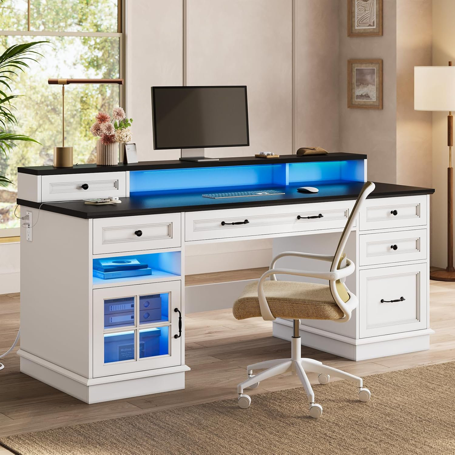 One Allium Way® Farmhouse Executive Desk with Drawers Computer Desks ...