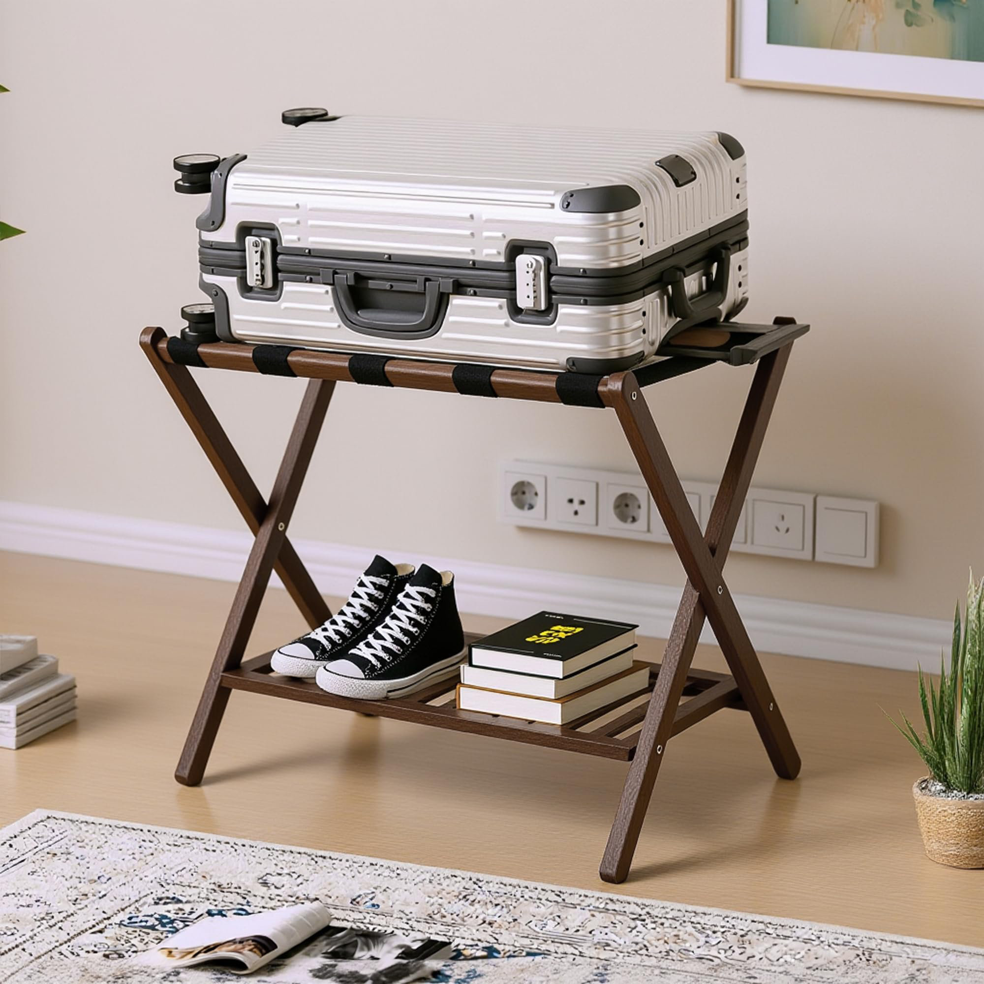 ColorLife Bamboo Luggage Rack With Shoe Shelf Folding Suitcase Stand ...