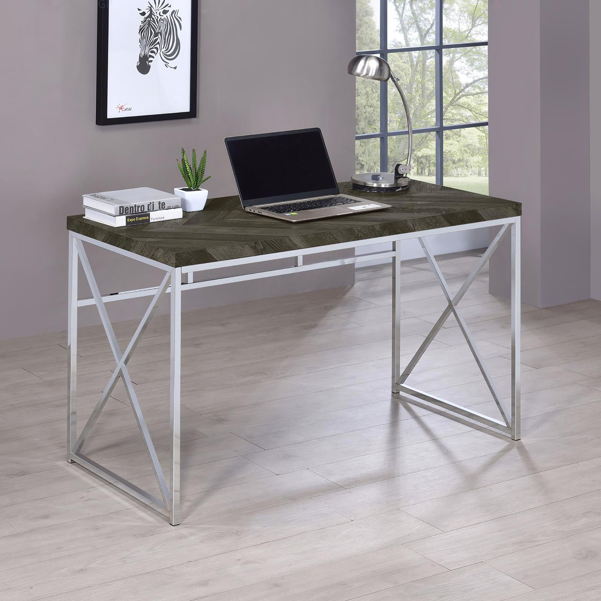 Latitude Run® Rustic Grey Herringbone And Chrome Writing Desk | Wayfair