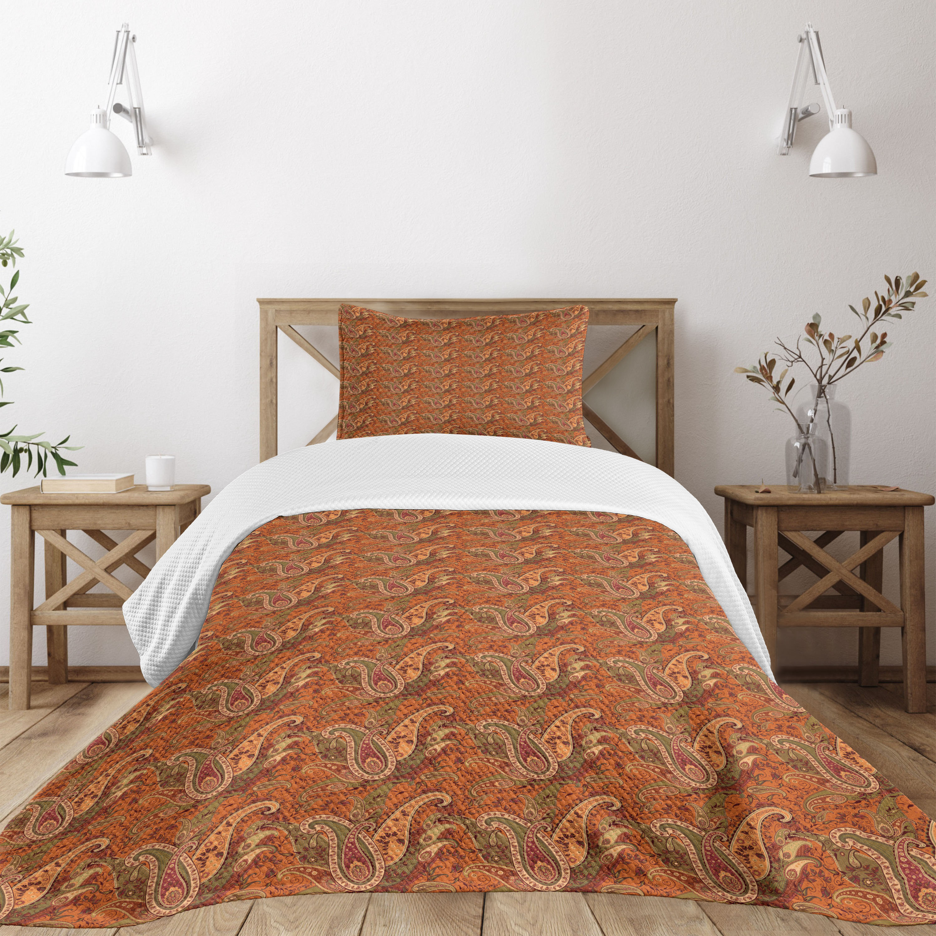 Ambesonne Orange Bedspread Set Traditional Old Paisley Olive Green ...