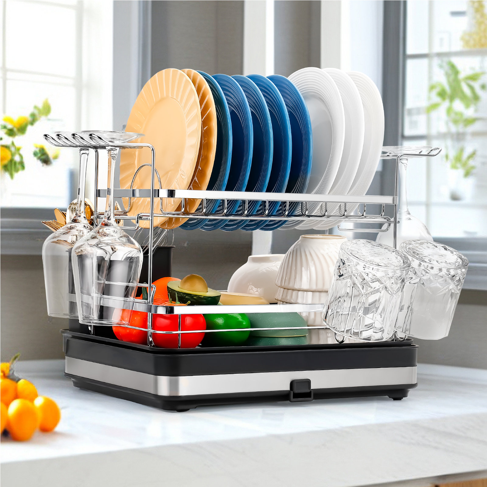 Ackitry Kitchen 2 Tier Extendable Dish Drying Rack Utensil Holder