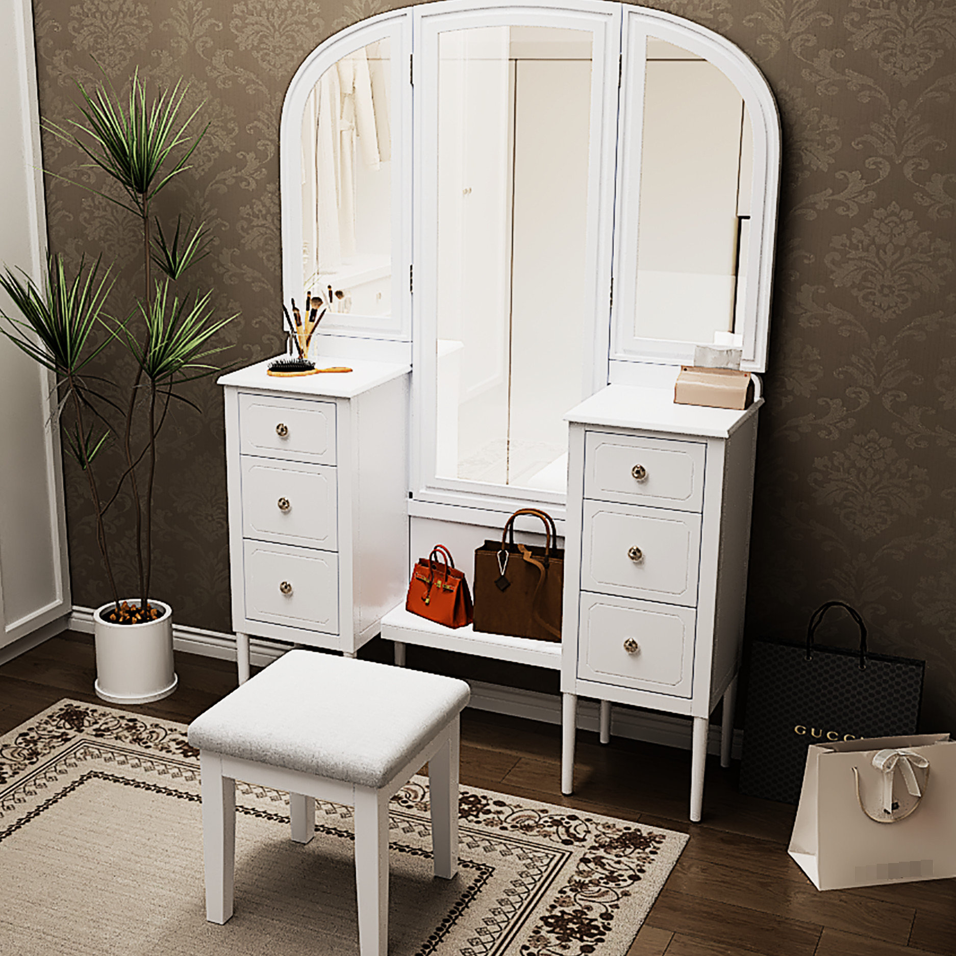 Rosdorf Park White Makeup Vanity With Triple Mirror, 6 - Drawer ...