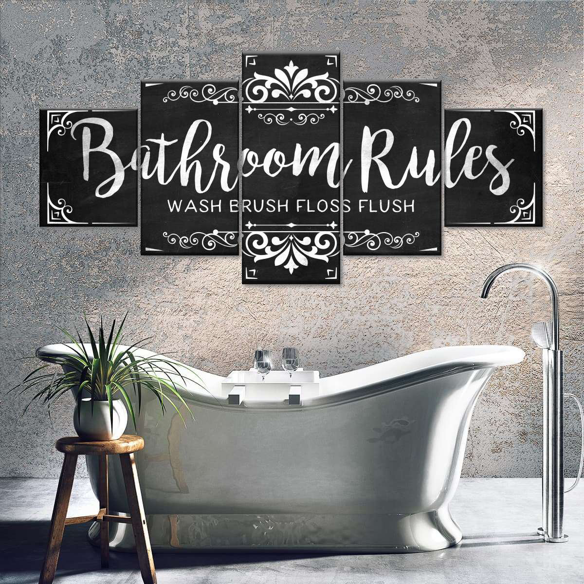 Trinx Vintage Bathroom Rules Sign On Canvas 5 Pieces Set | Wayfair