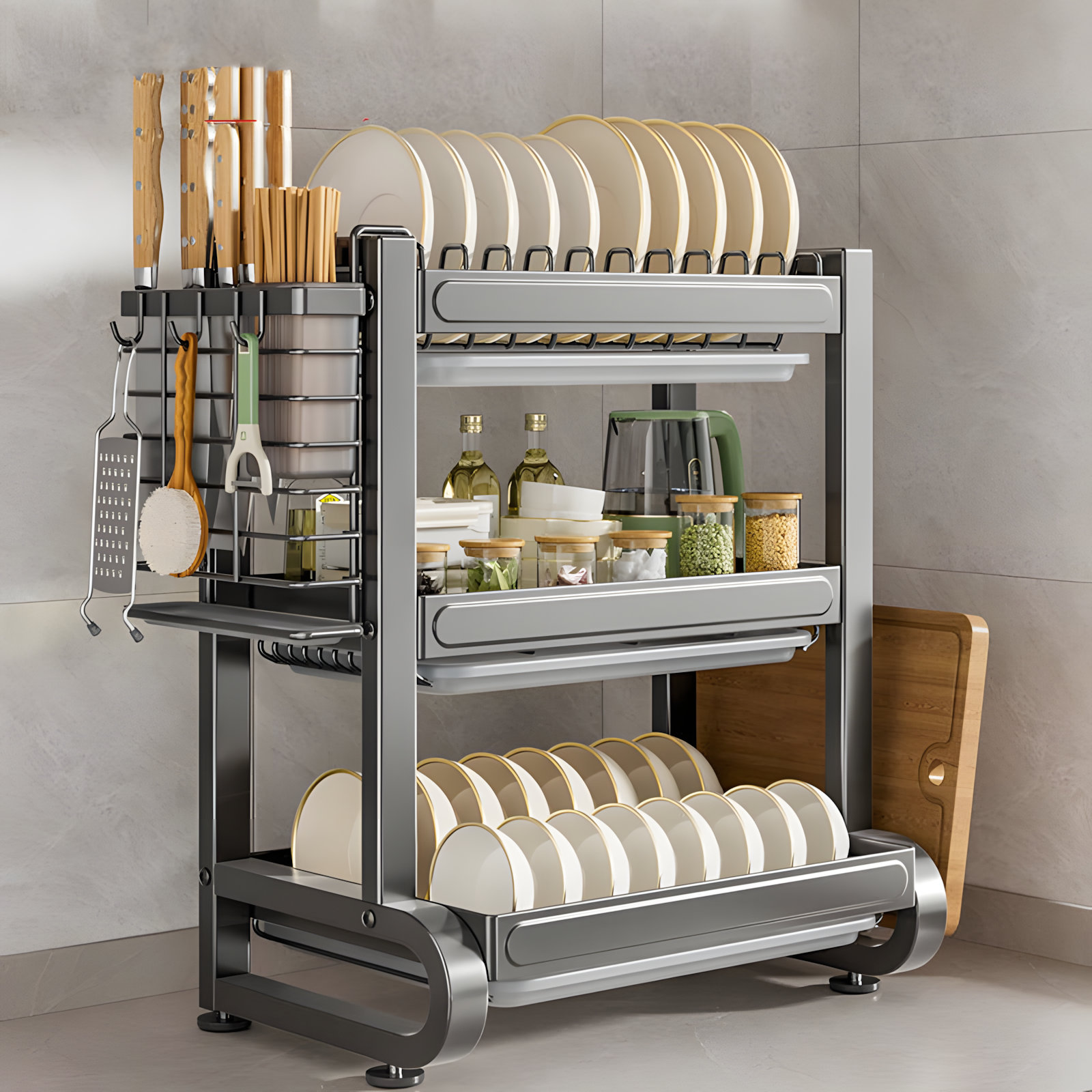Xiangong 3-Tier Stainless Steel Dish Rack With Utensil Holder, Kitchen ...