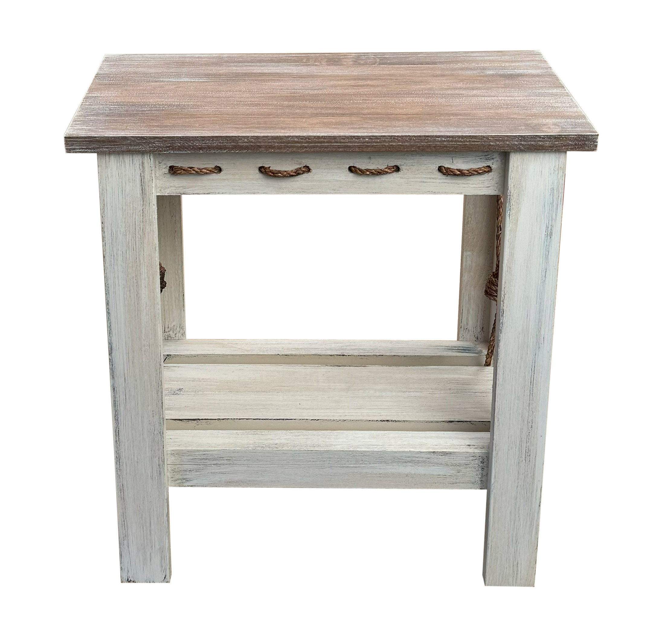 Gracie Oaks All Wood Side Table with Slat Shelf and Knotted Rope Accent ...