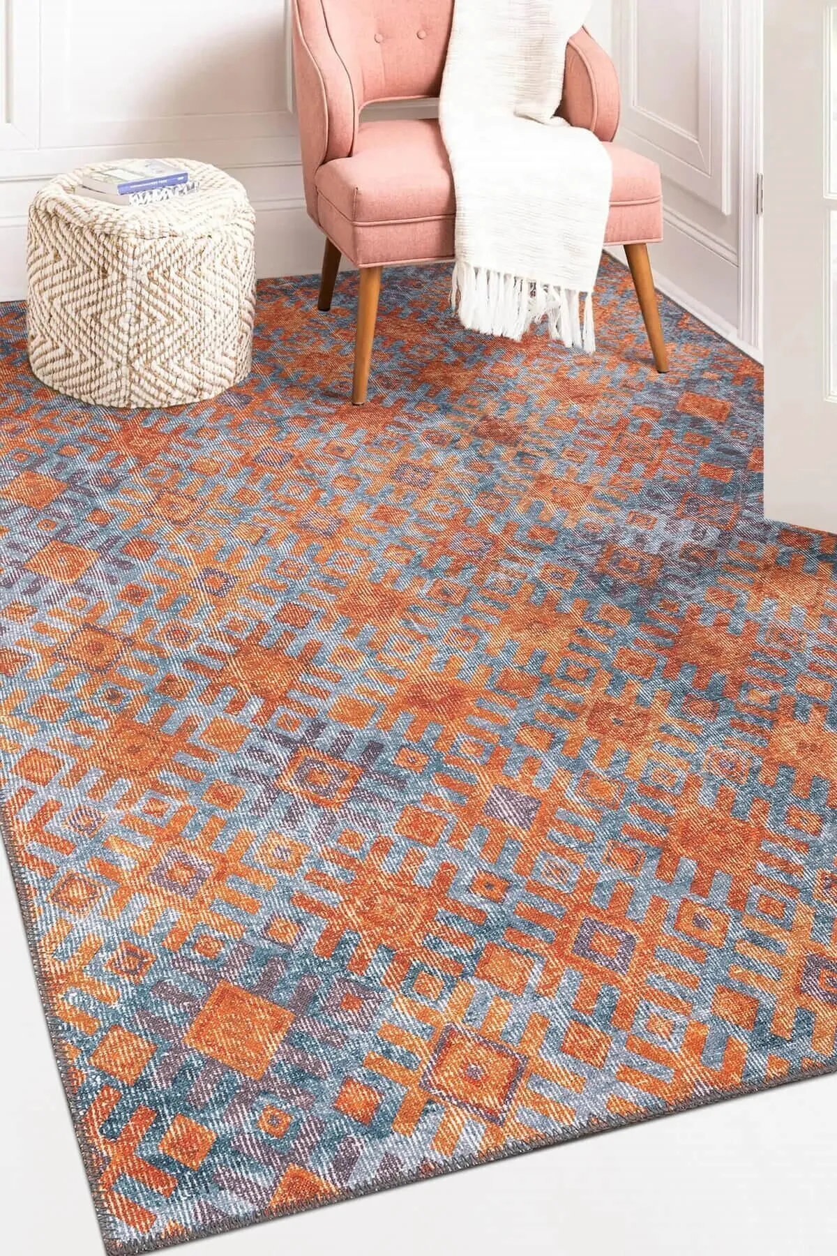 Bungalow Rose Funk Woven Base Decorative Modern Orange/Blue Rug | Wayfair