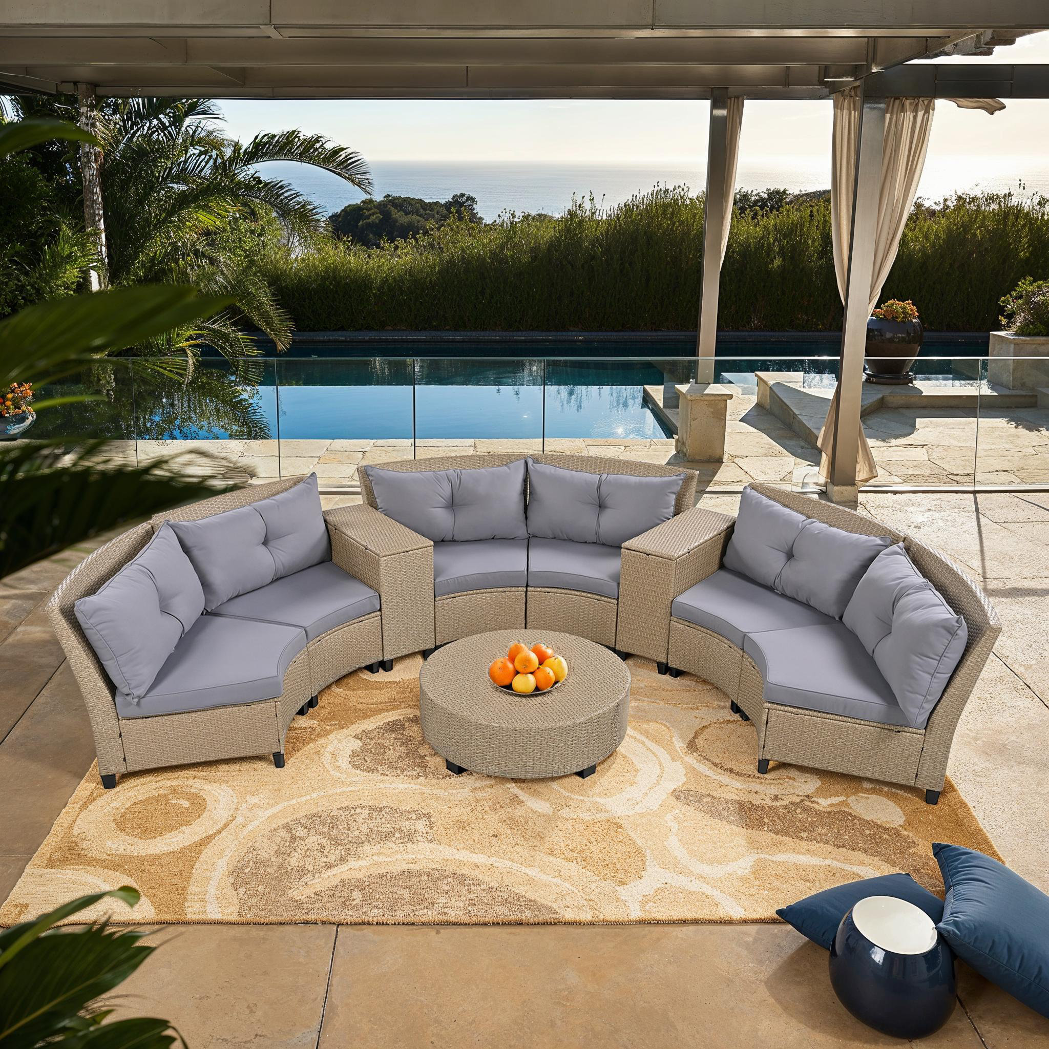 Hokku Designs Modern 6-Person Fan-Shaped Rattan Suit with Cushions ...