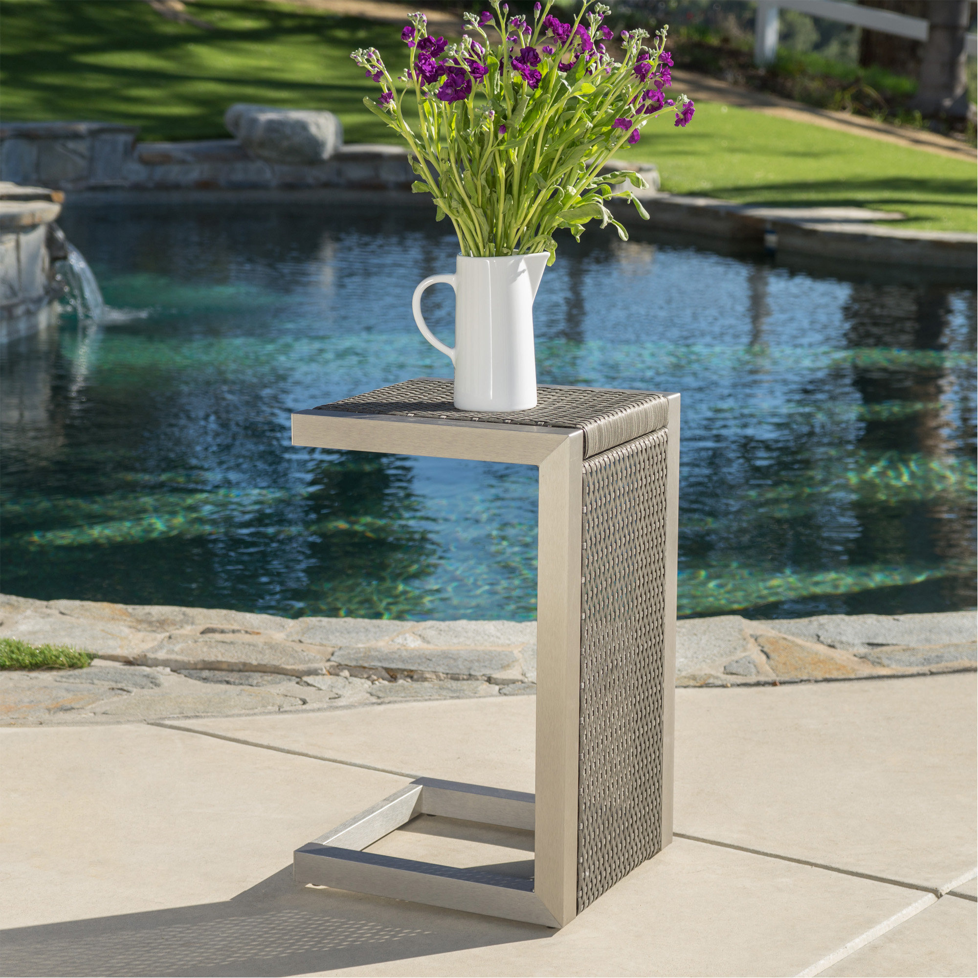 Ebern Designs Versatile Wicker C-Shaped Outdoor Side Table For Stylish ...