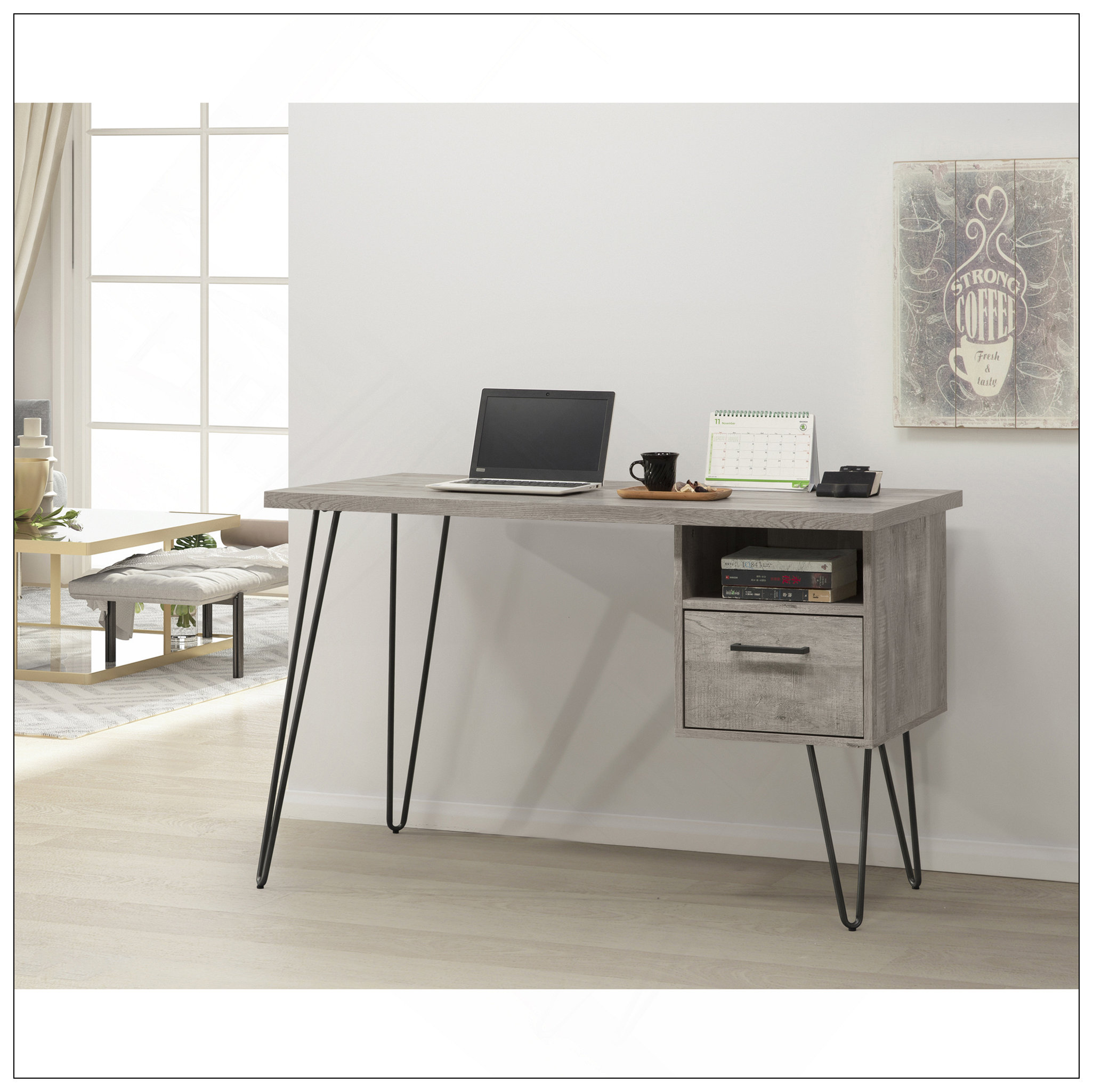 Latitude Run® Sophisticated Grey Oak Desk For Stylish Workspaces And ...