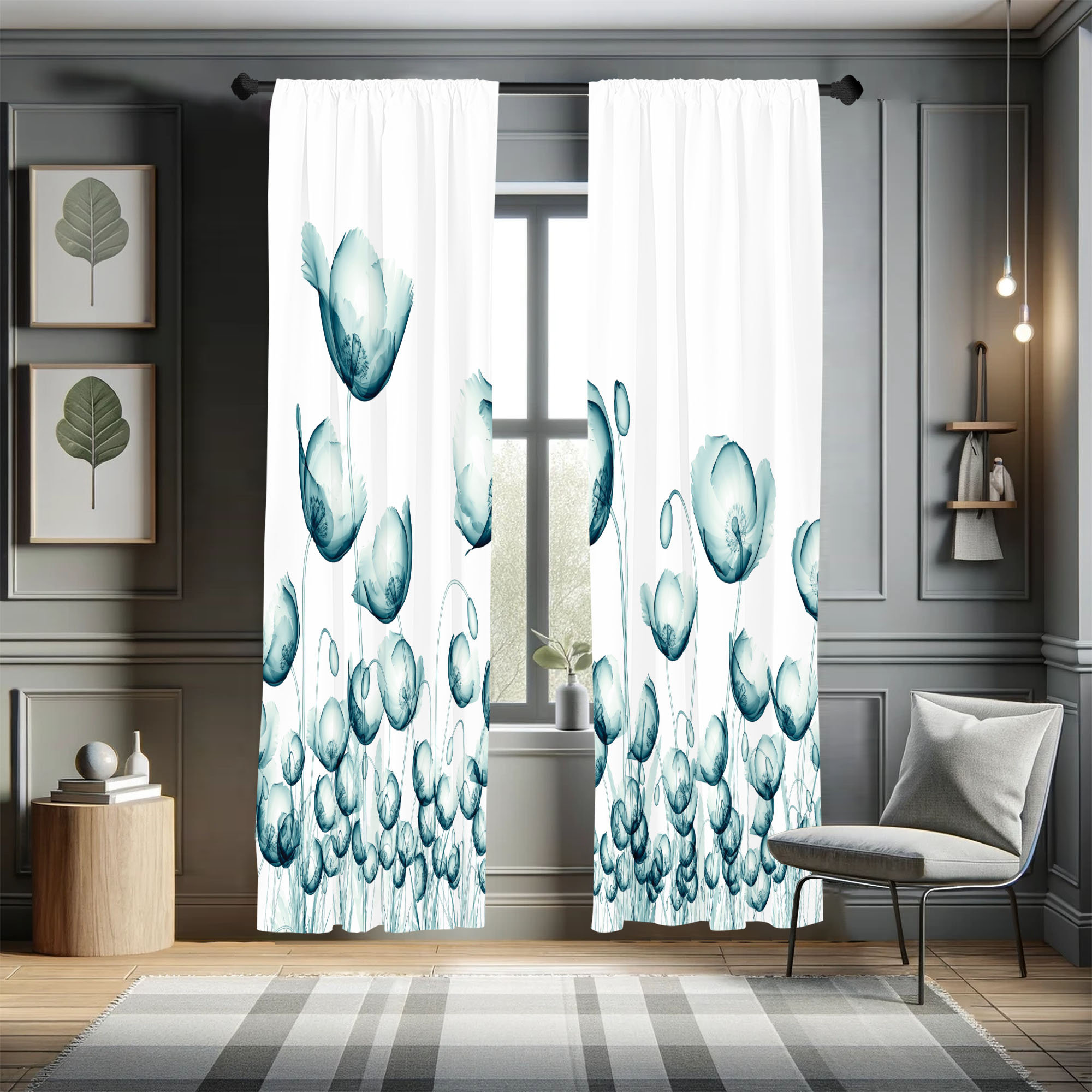 Latitude Run® Flower Curtains, Poppy Flora Windy Day, White Teal | Wayfair
