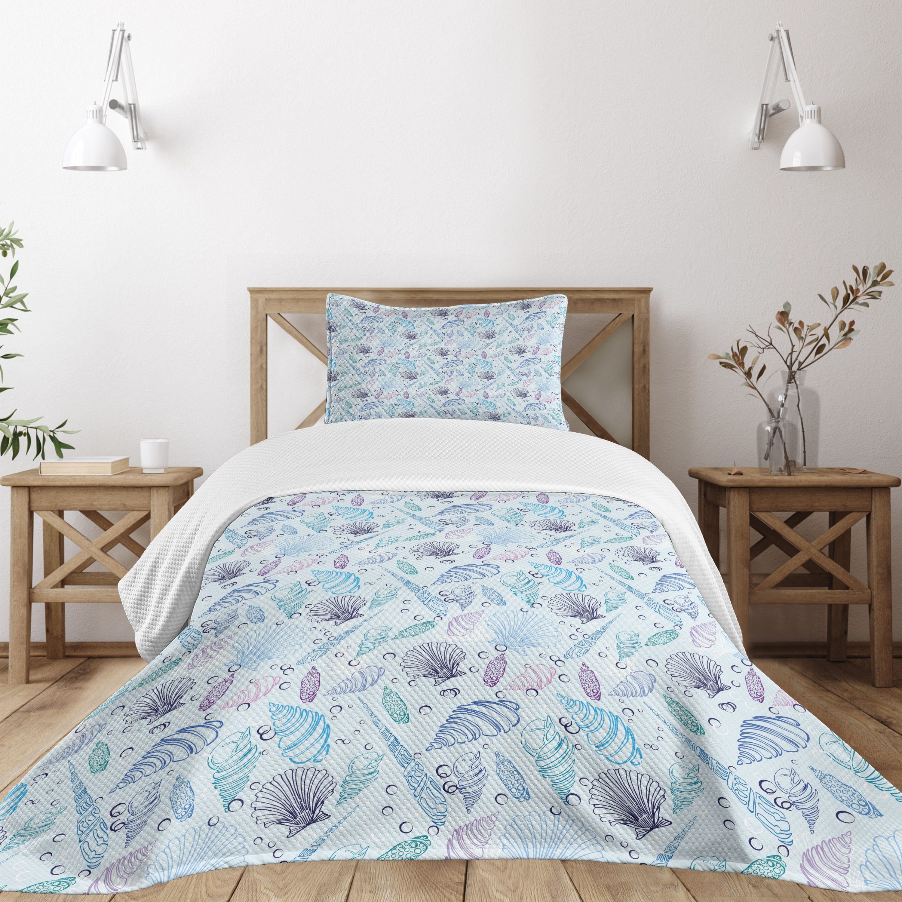 Ambesonne Nautical Bedspread Set Seashells Bubble Ocean Indigo Pale ...