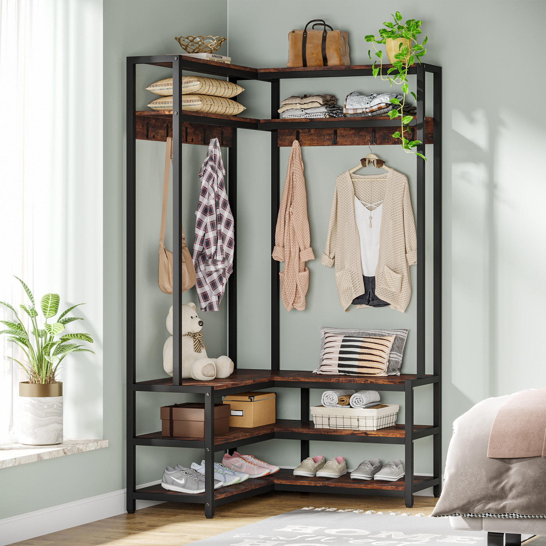 17 Stories 50'' Wide Iron Hall Tree with Bench and Shoe Storage ...