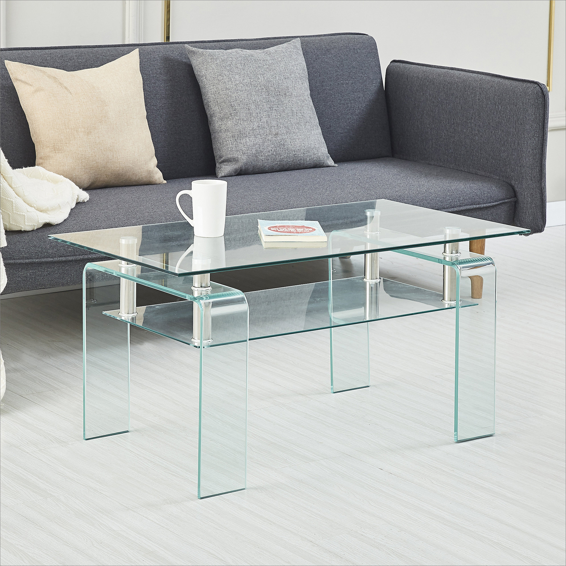 Wrought Studio™ Tempered Clear Glass Coffee Table, Modern Glass Coffee ...
