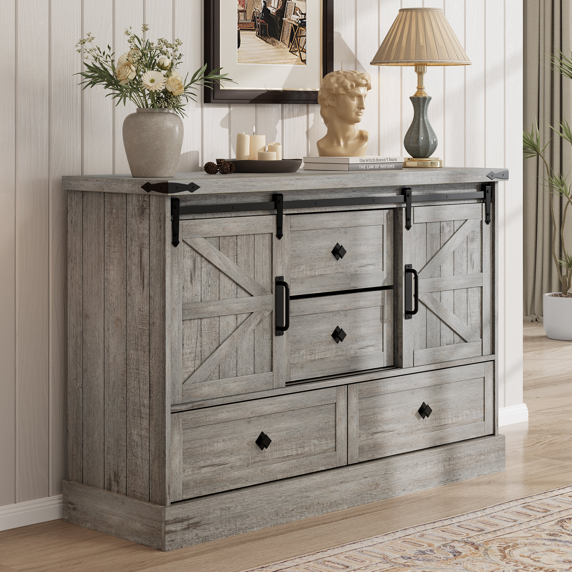 Gracie Oaks Farmhouse Chest of Drawers, 45 Inch Sliding Barn Door ...