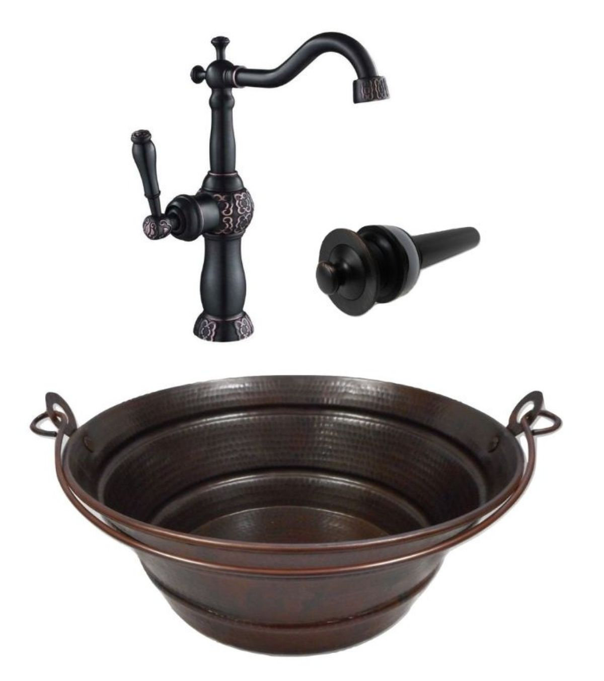 SimplyCopper 15" Round Aged Copper Vessel Bucket Sink With Faucet ...