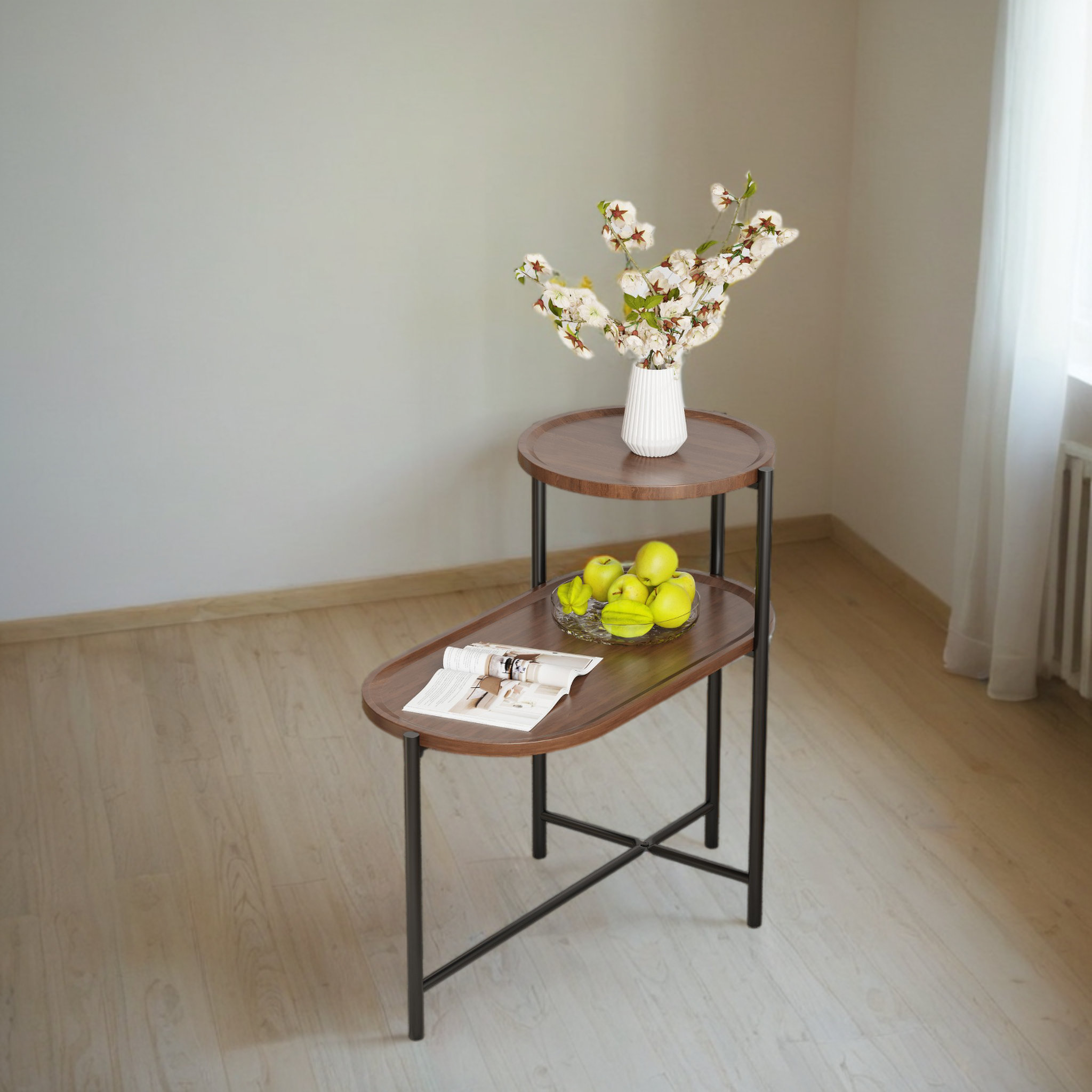 17 Stories Round Coffee Table with Storage Tray 2 Tier Oval End Tables ...