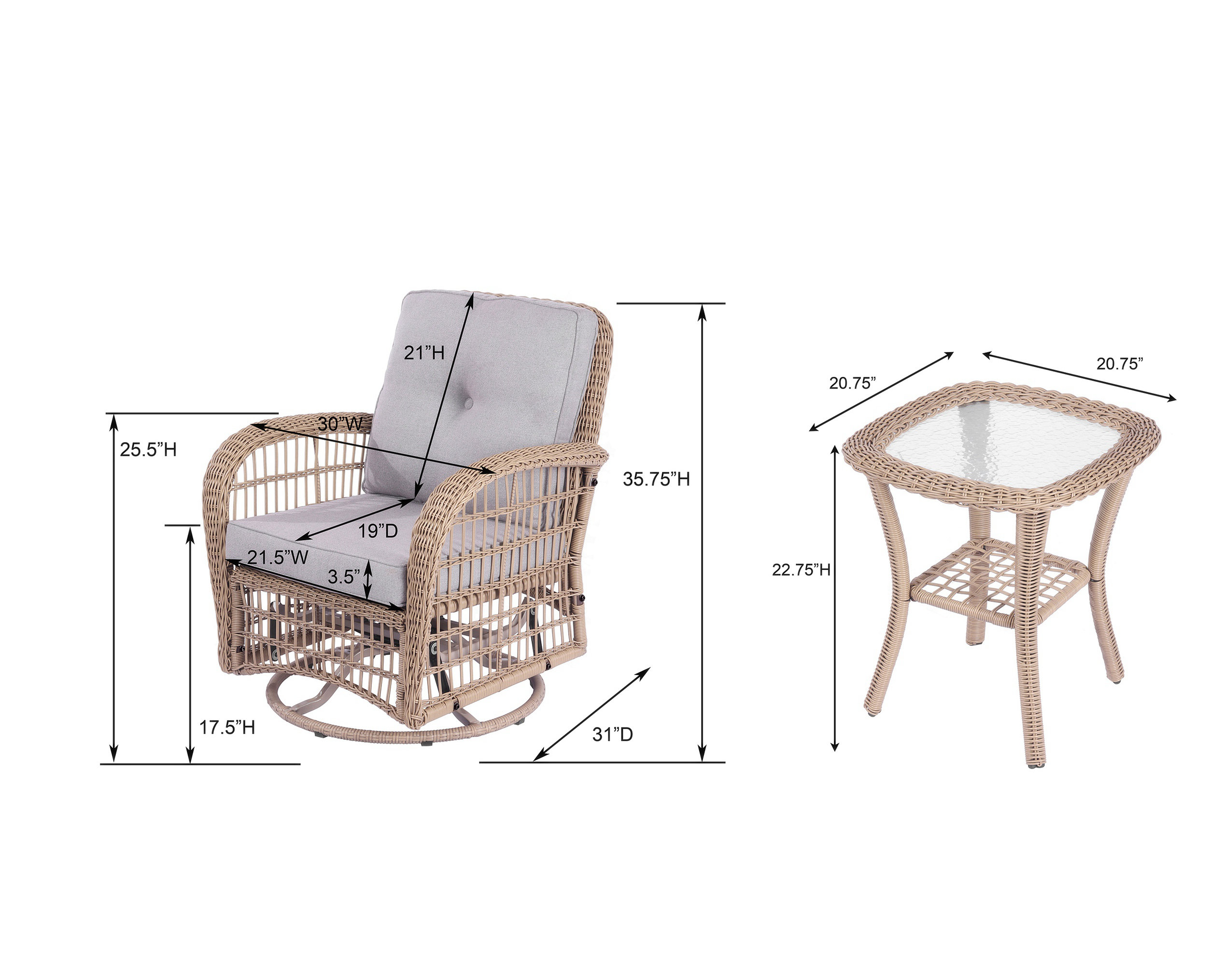 Bay Isle Home™ 3 Pieces Outdoor Wicker Swive Rocking Chair Set, Patio ...