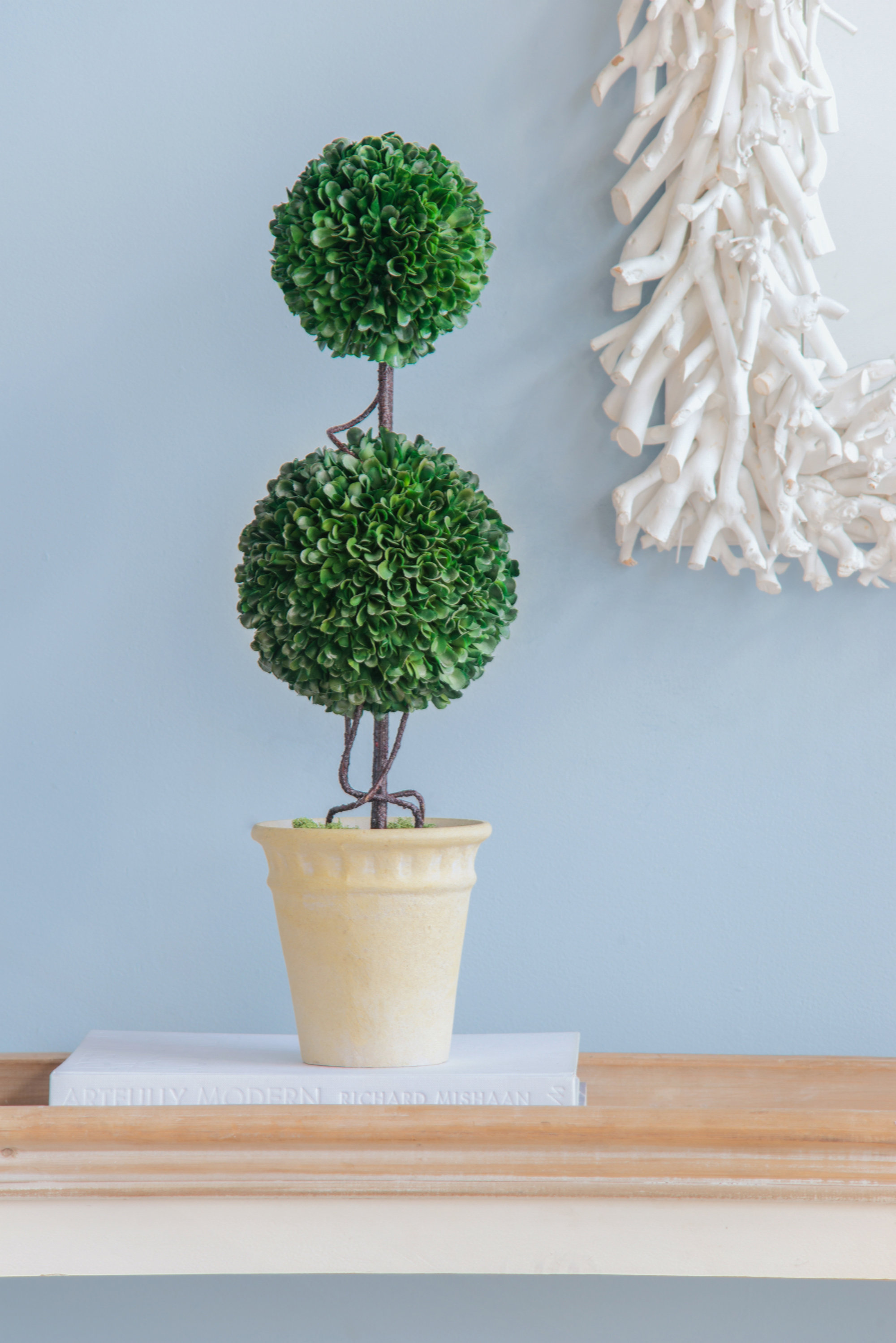 Primrue D7x22"H Two-Tiered Faux Boxwood Sphere Topiary in Cream Pot ...